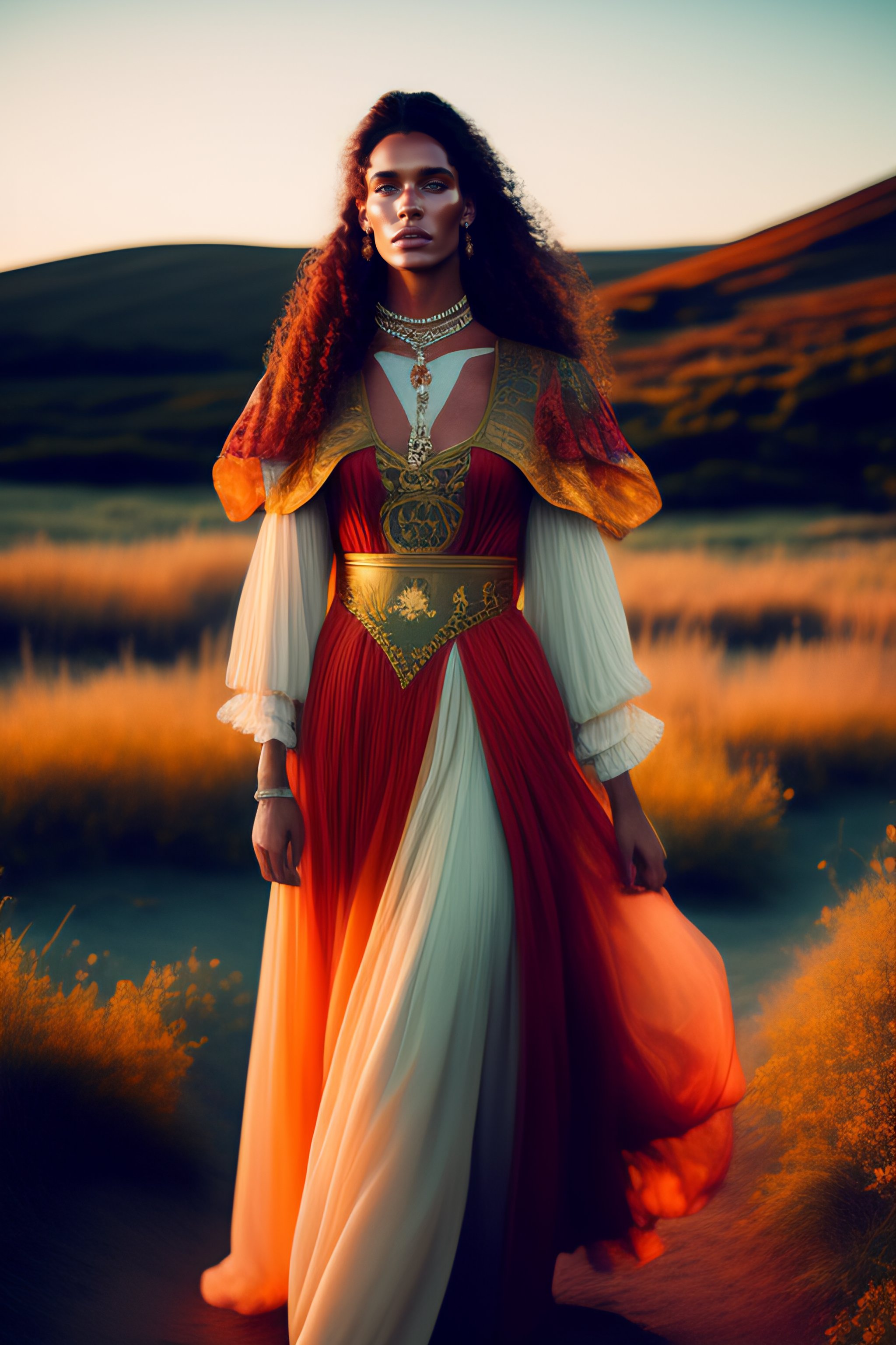 Lexica - Model in a stunning long flowy maximalist Celtic dress, vogue ...