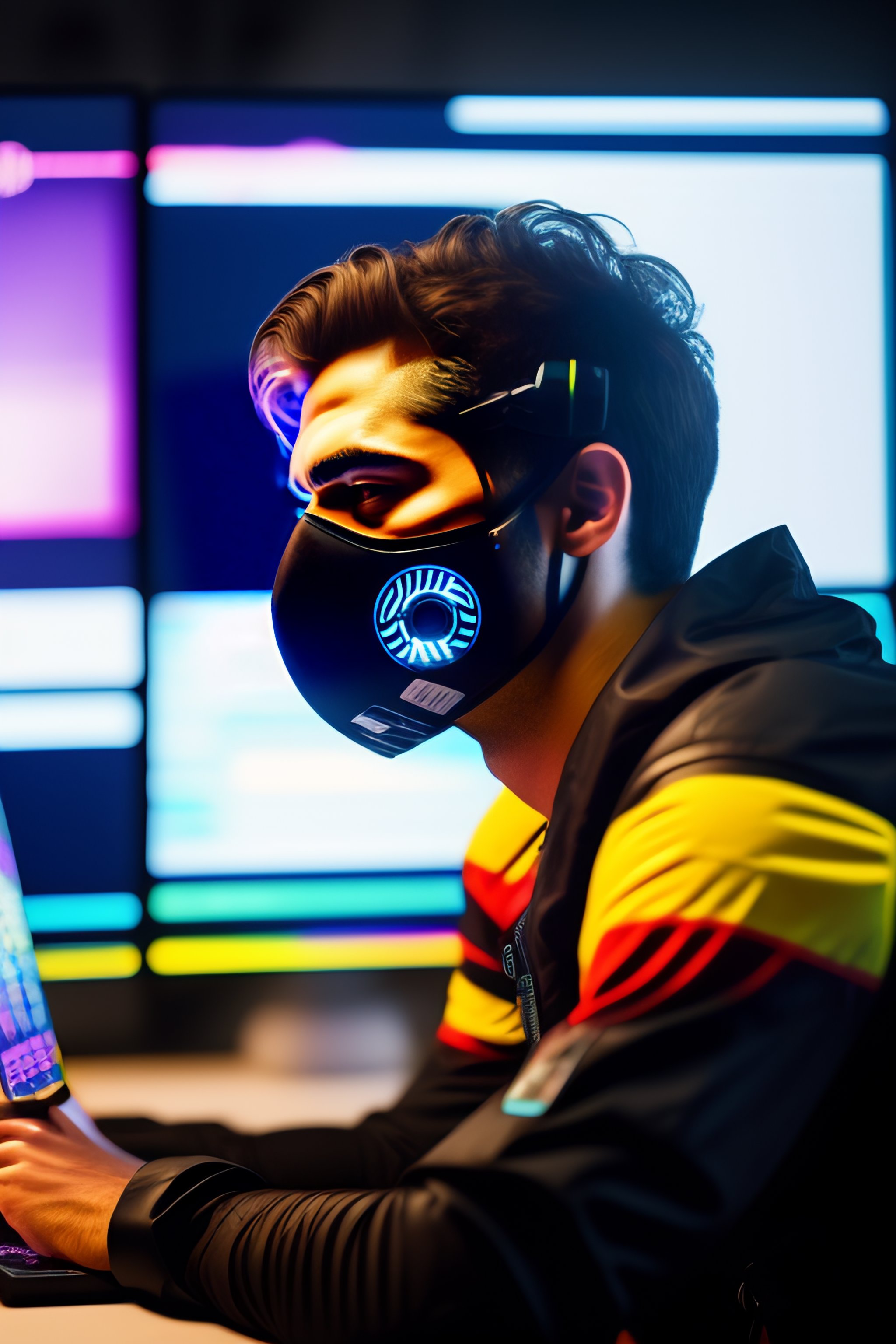 Lexica - Generate an image of a hacker in a mask at a computer with an ...