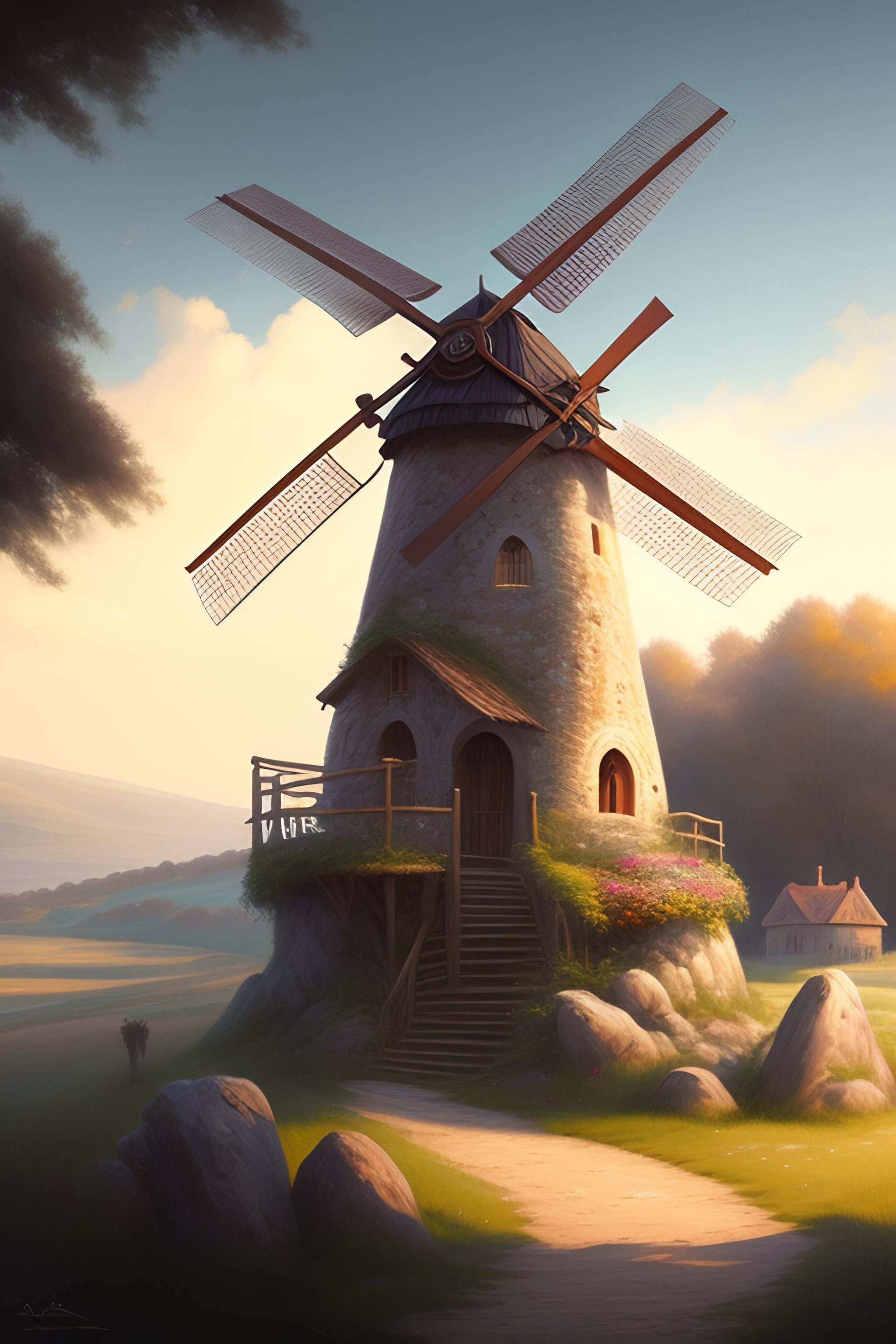 Lexica - Windmill, very long shot, medieval french landscape, by ...