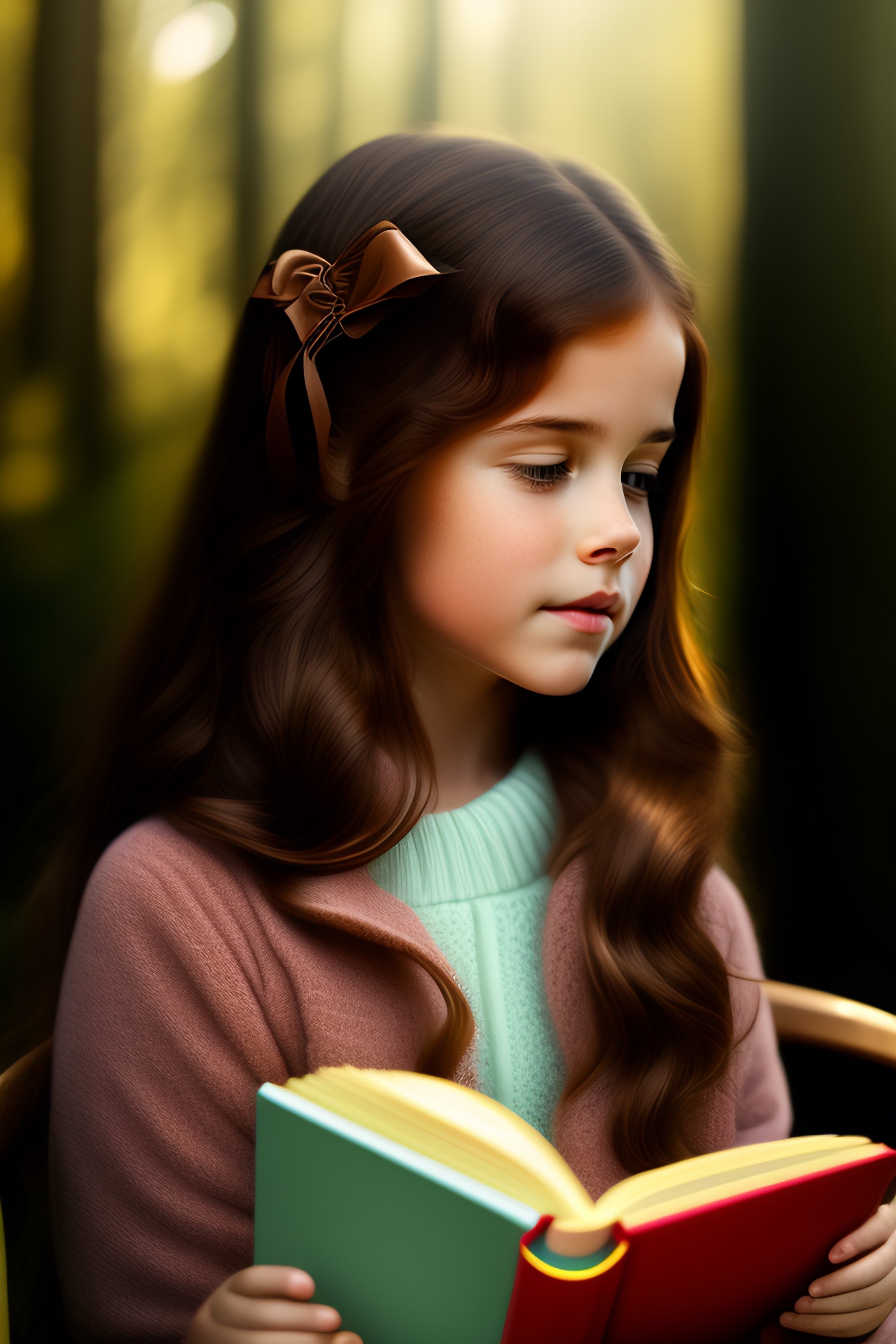 Lexica - A girl with brown hair reading a book, forest