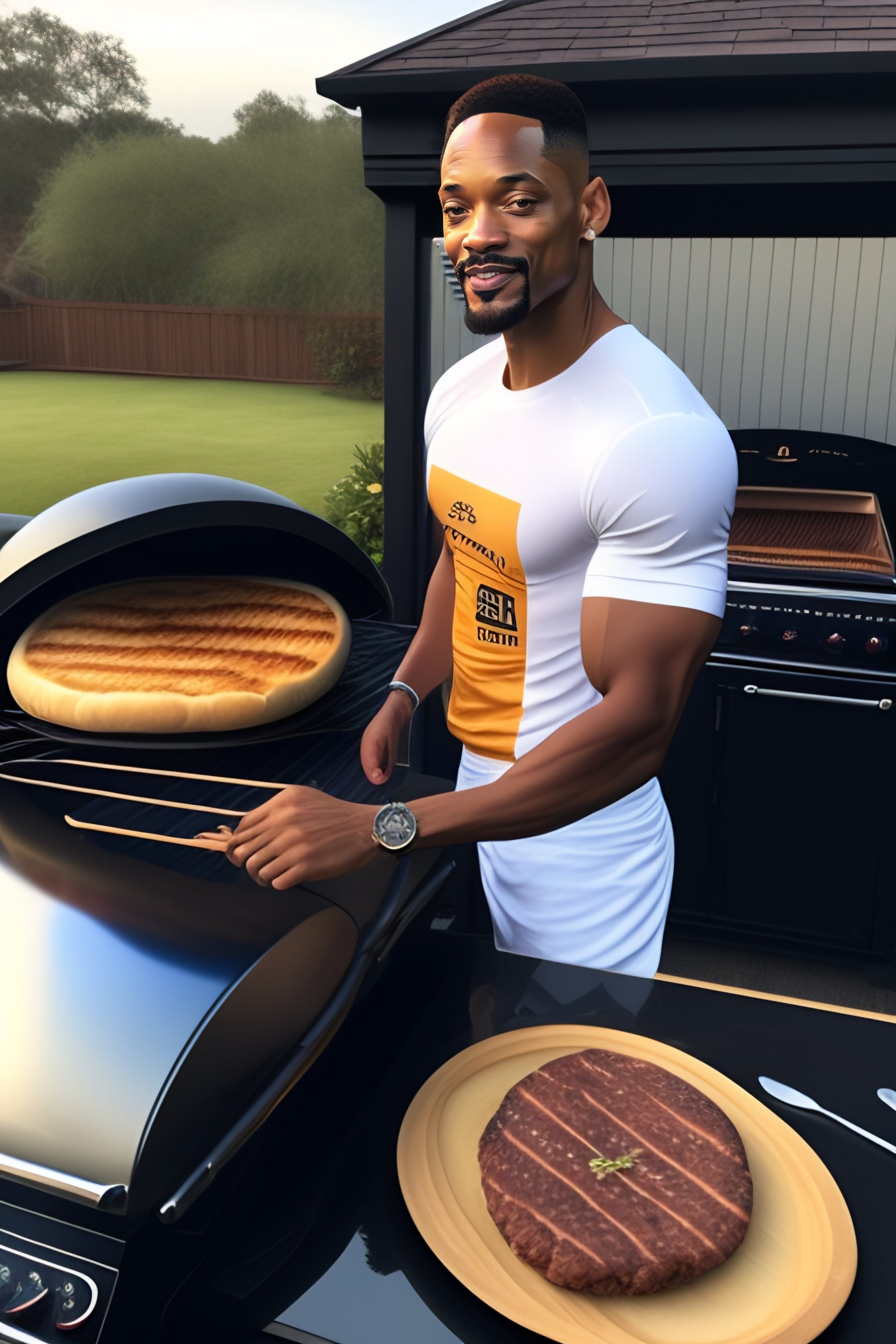 Lexica - A skinny Will Smith cooking burgers on a barbecue in his backyard