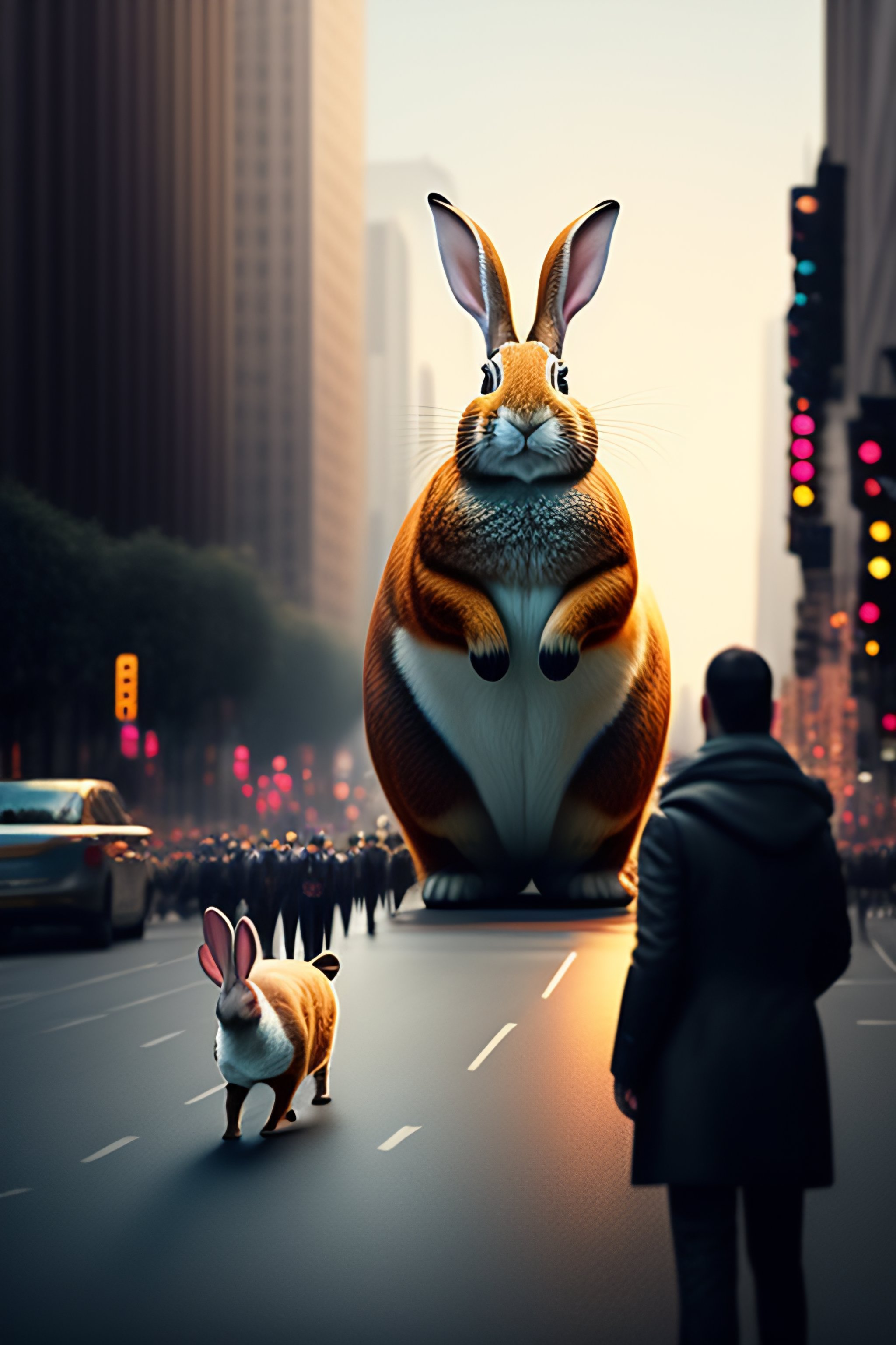 Lexica - Big rabbit crossing the crowded street full of people