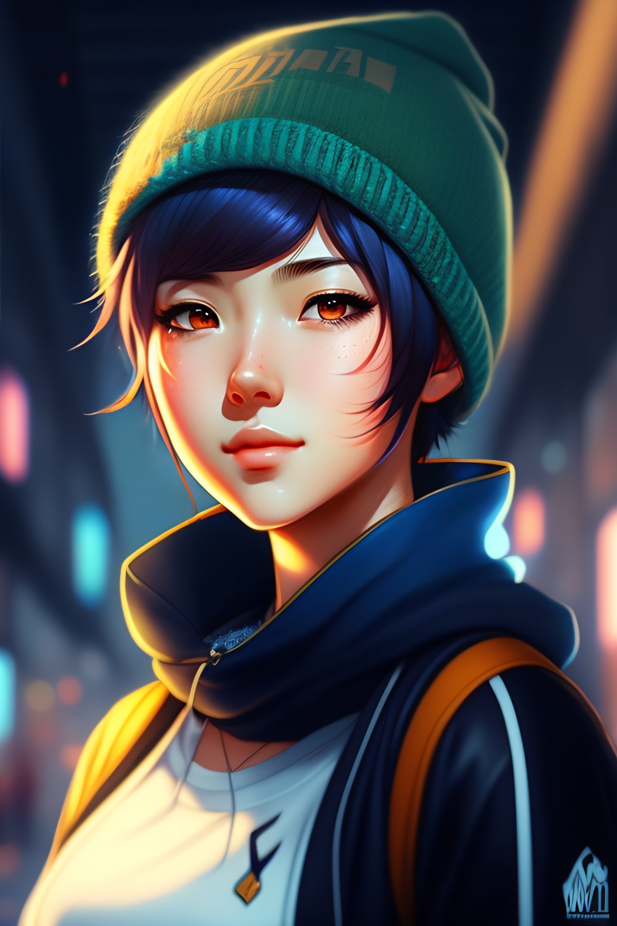 Lexica - Anime portrait of a 17 years old girl with blue short hair, a ...