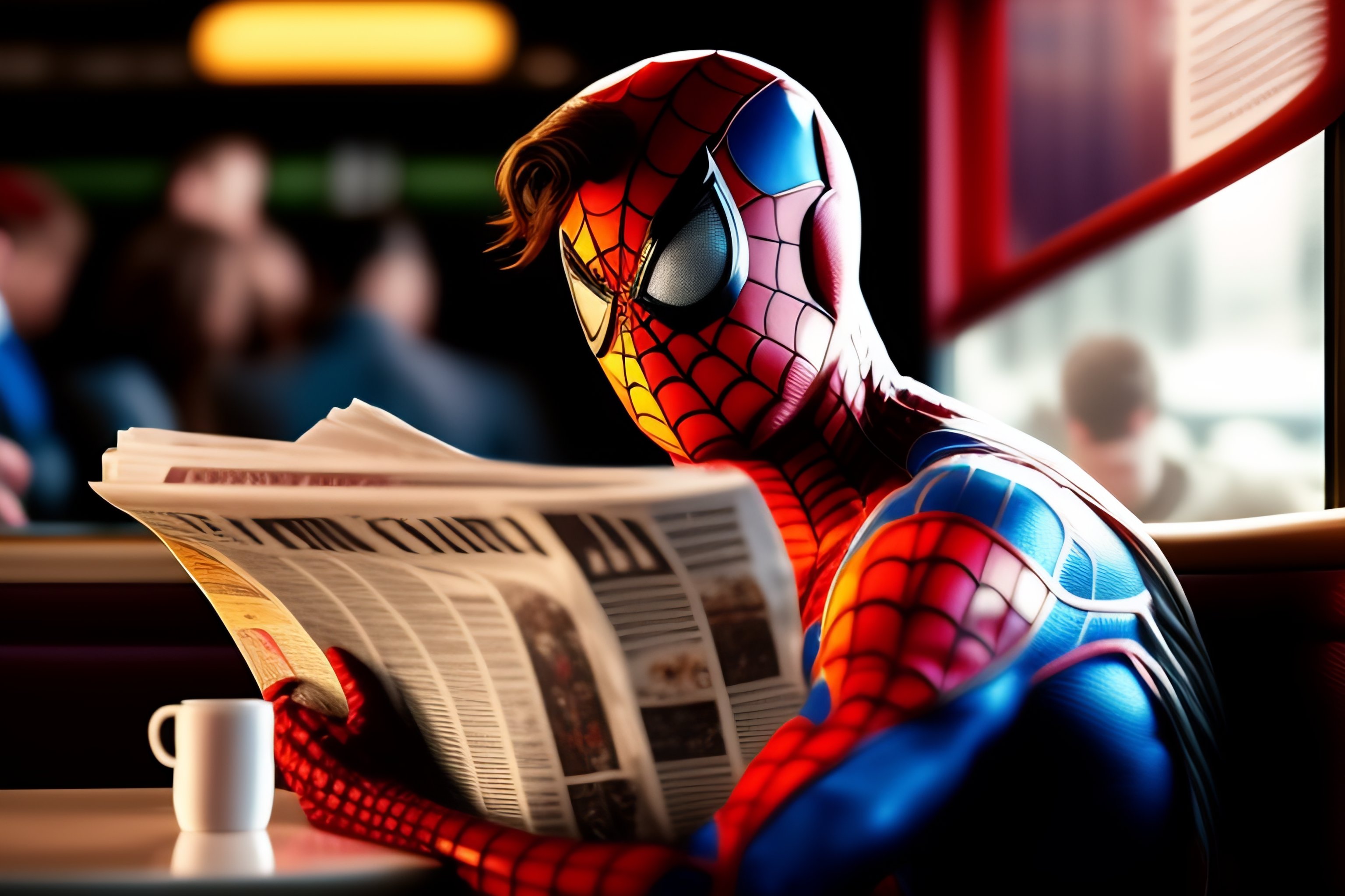 Lexica - Spider-Man reading a newspaper inside of a diner, cinematic ...