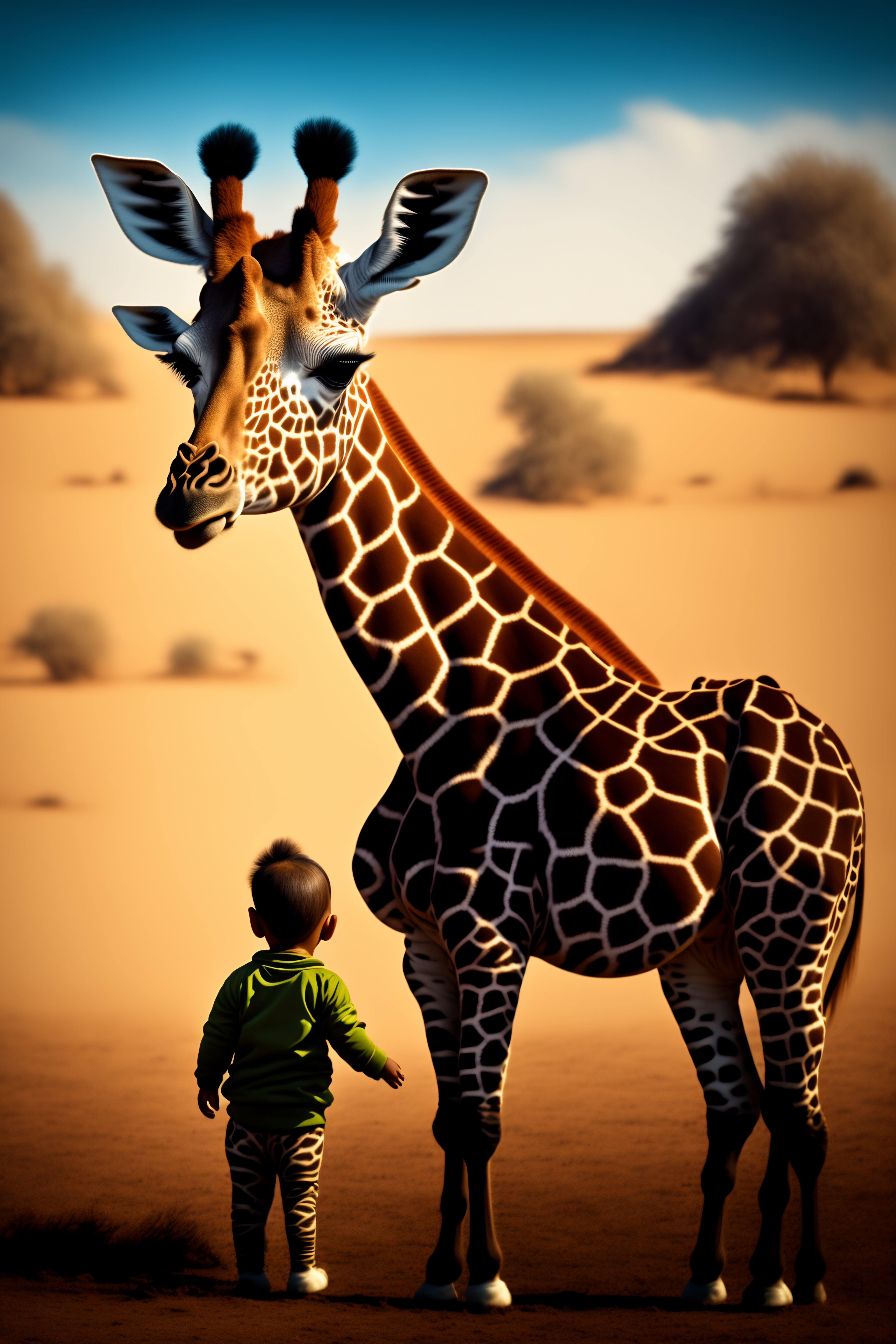 Lexica - Generate a baby giraffe who is playing with a human child