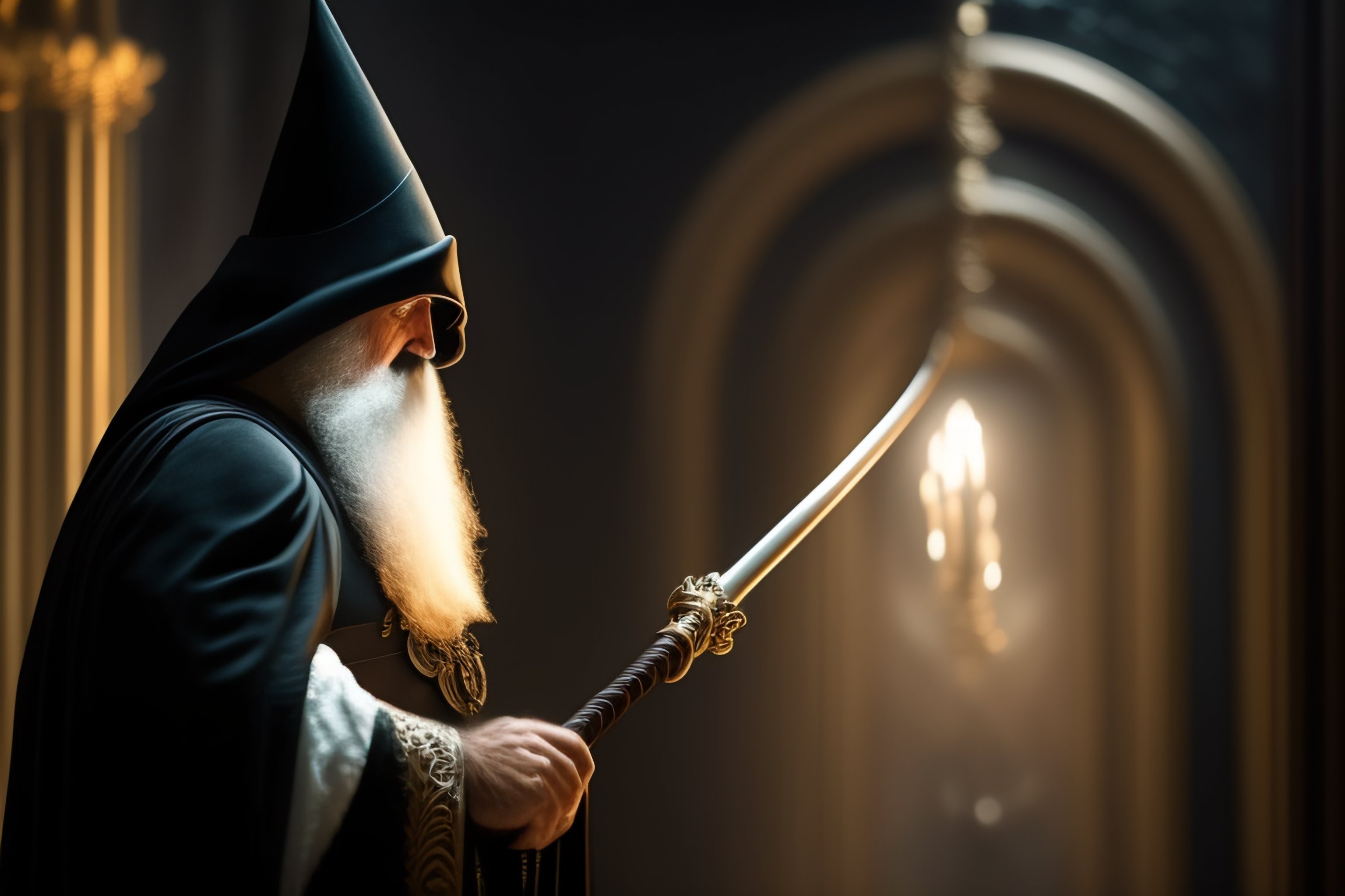 Lexica - One Greek wizard in dark robe hold a staff that has a white ...