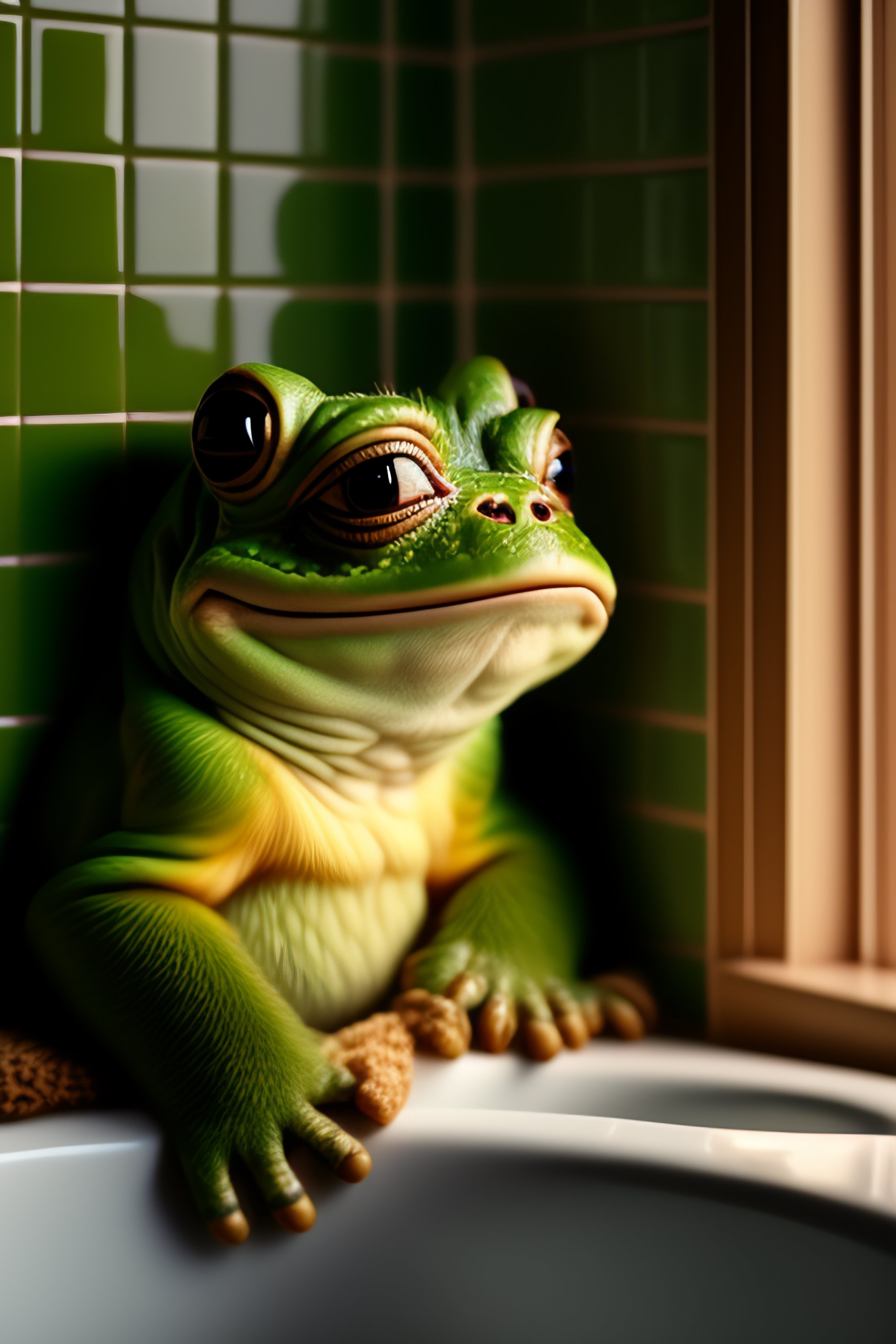 Lexica - An exhausted pepe the frog in his tiled bathroom, key lighting ...