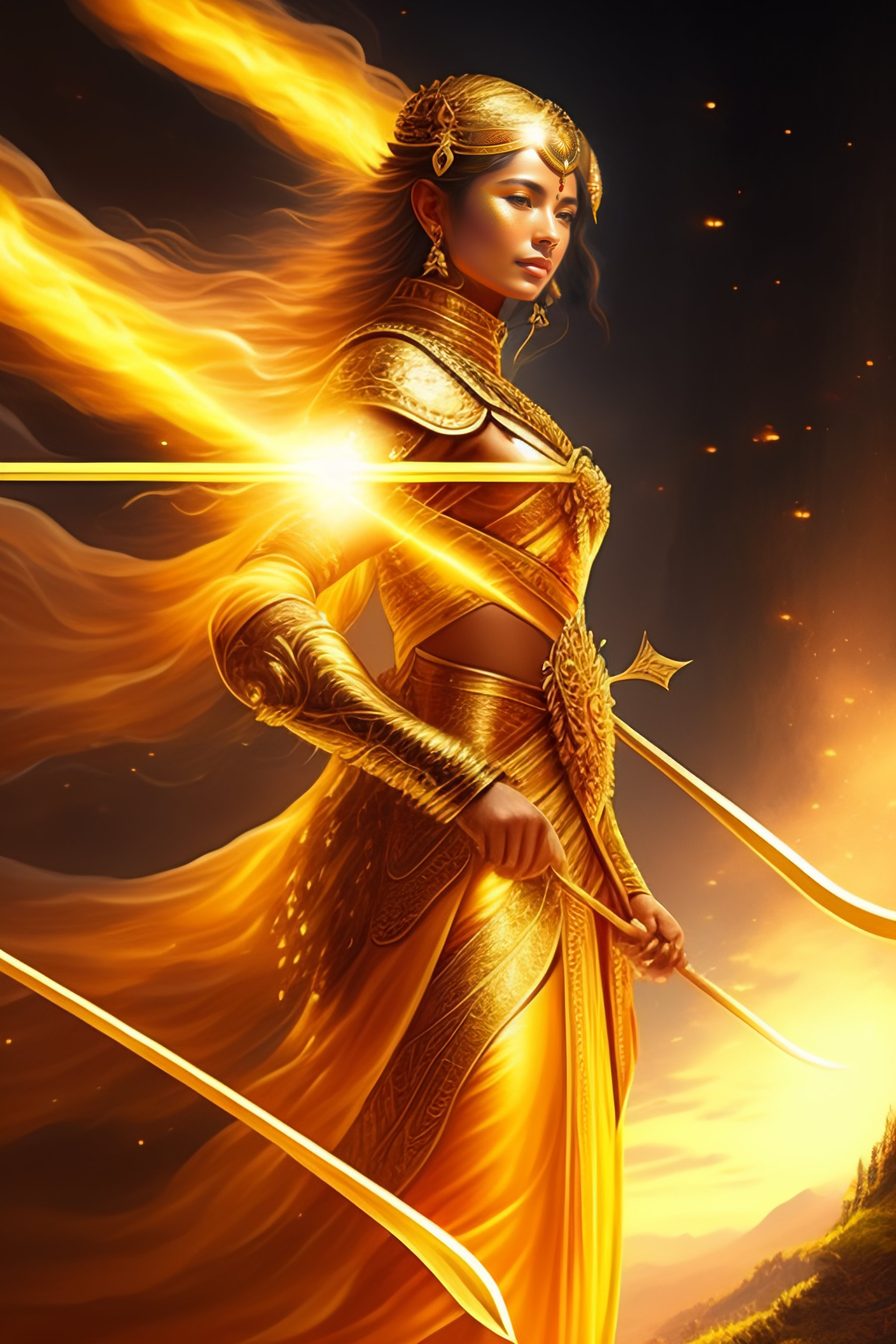 Lexica - A longbow made of shimmering golden wood, halo of bright ...