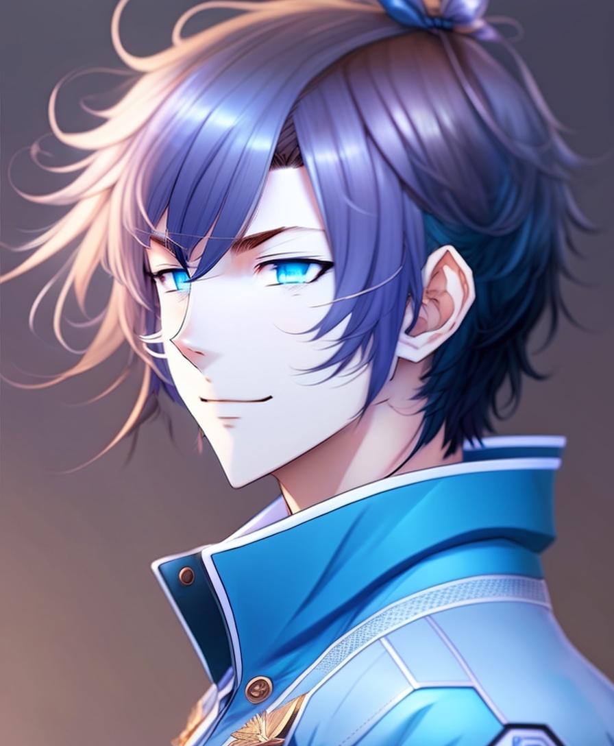 Lexica - Male, half body, comma style hair, blue-brown hair color ...