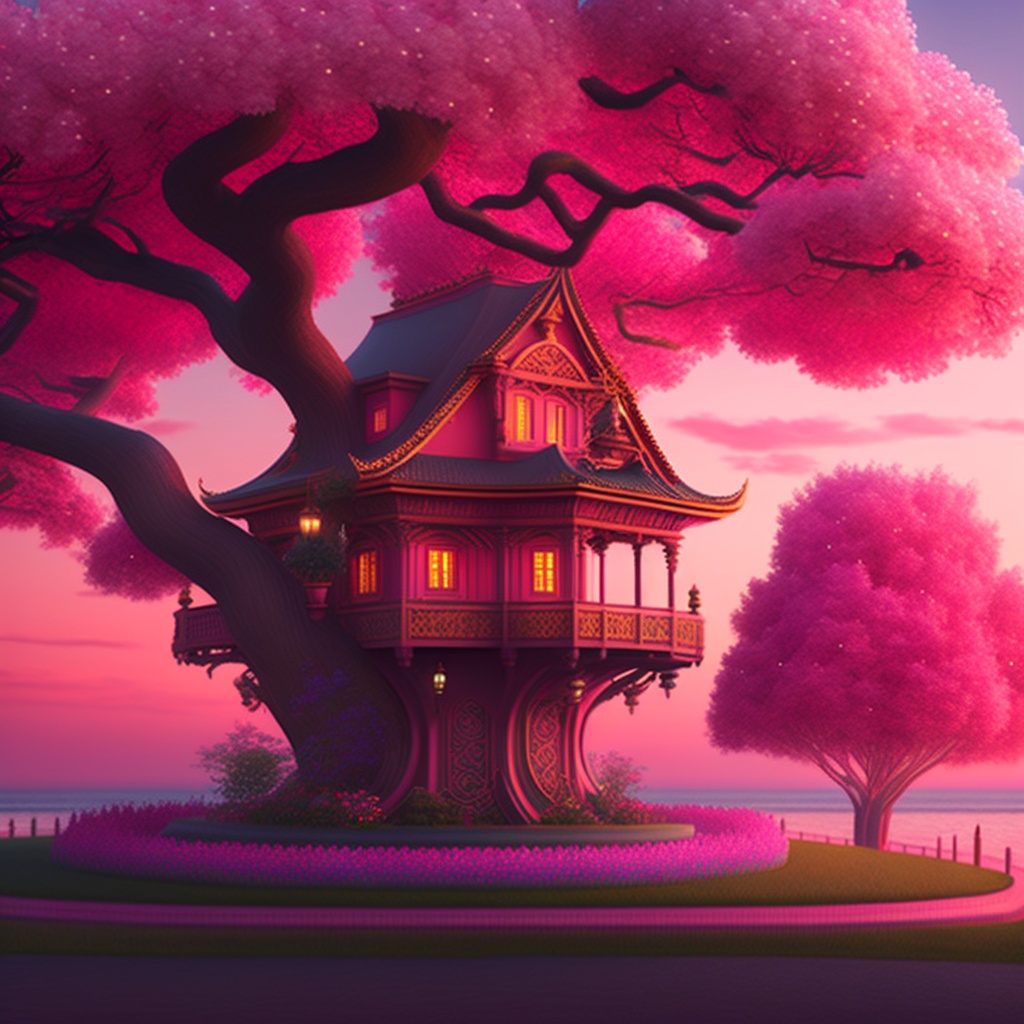 Lexica - Beautiful ornate treehouse in a gigantic pink cherry blossom ...