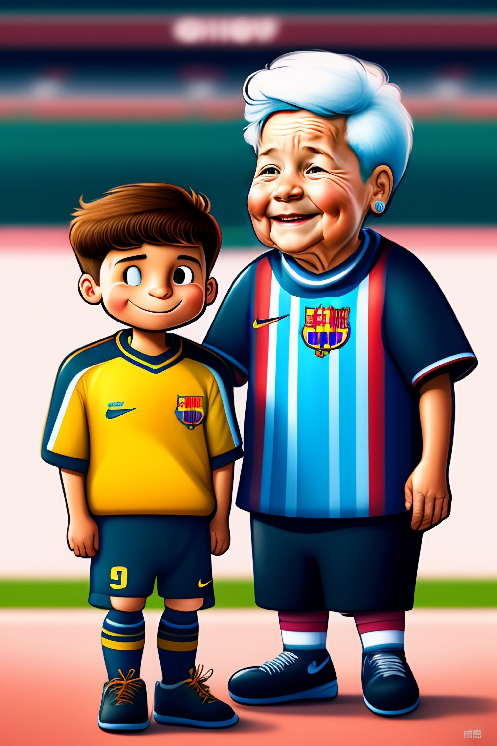 Lexica - Cartoon of Messi as a kid with a grandma, schulz style