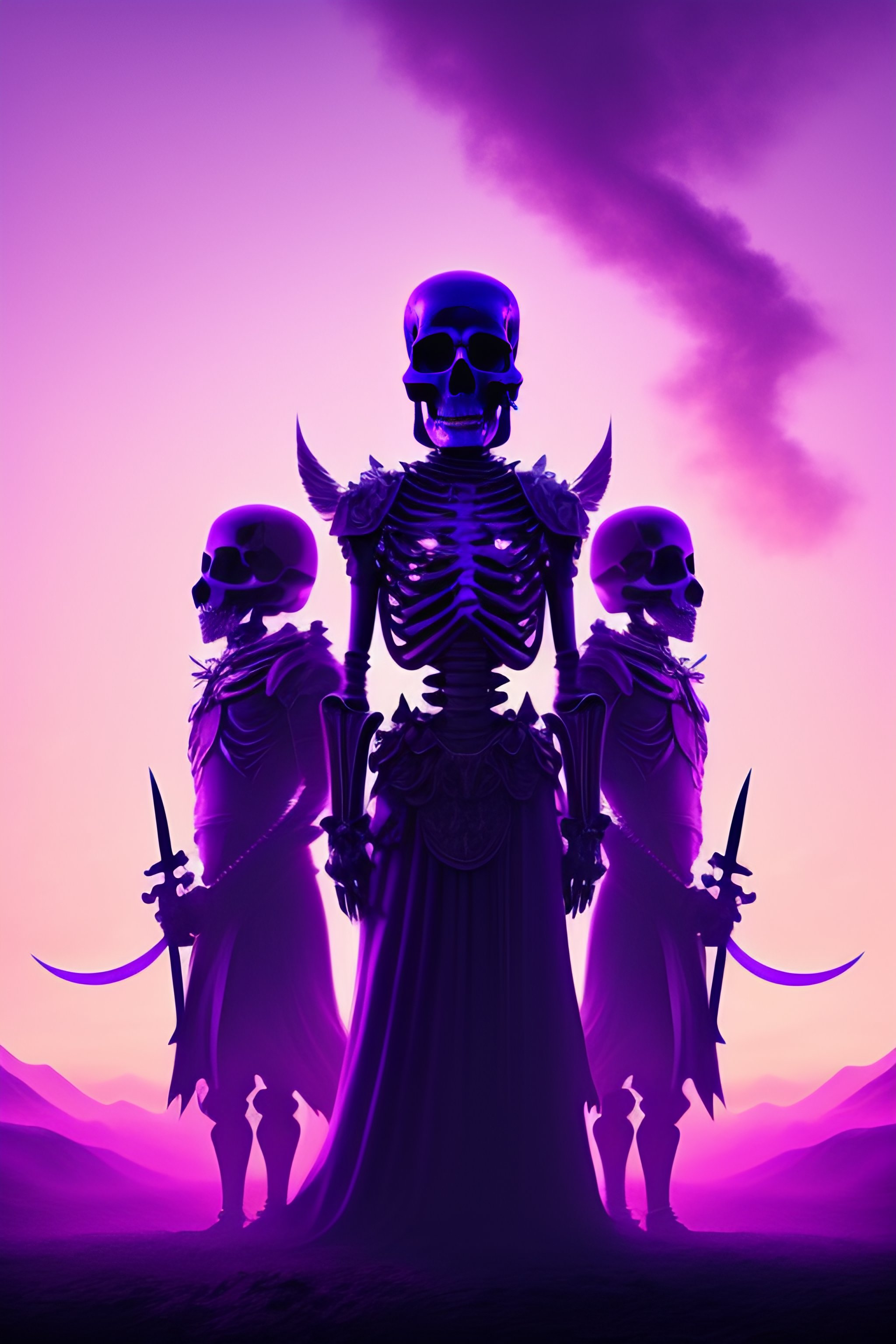 Lexica - Horror. 3 skeletons with long swords. purple mist in ...