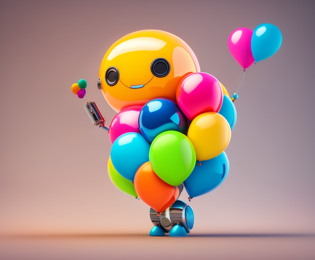 Lexica - Cute robot with balloons, Excited, colorful