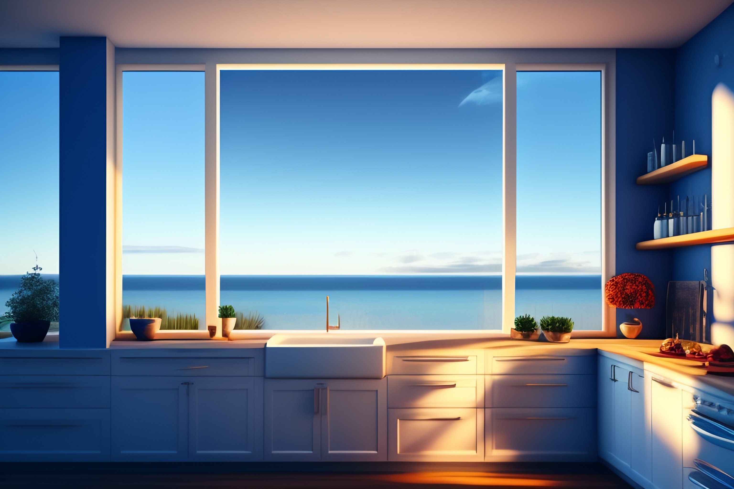 Lexica - Women in her modern kitchen, big windows overlooking the sea ...