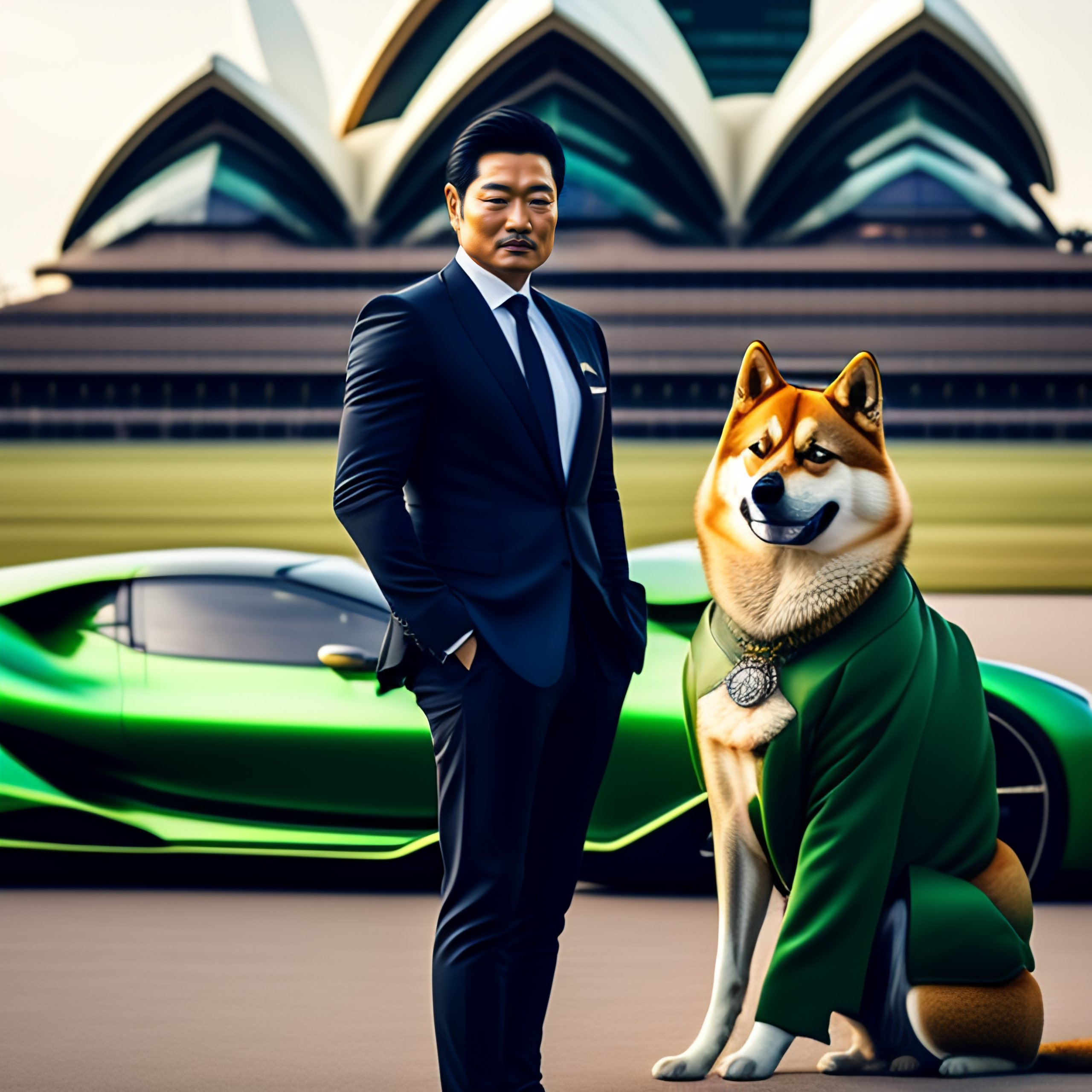 Lexica - Medium Shot of a standing shiba inu dressed in a fancy green ...