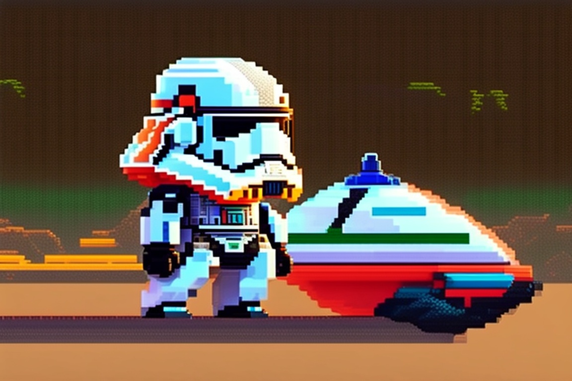 Lexica - Star wars, pixel art, Clone trooper, space ship, background
