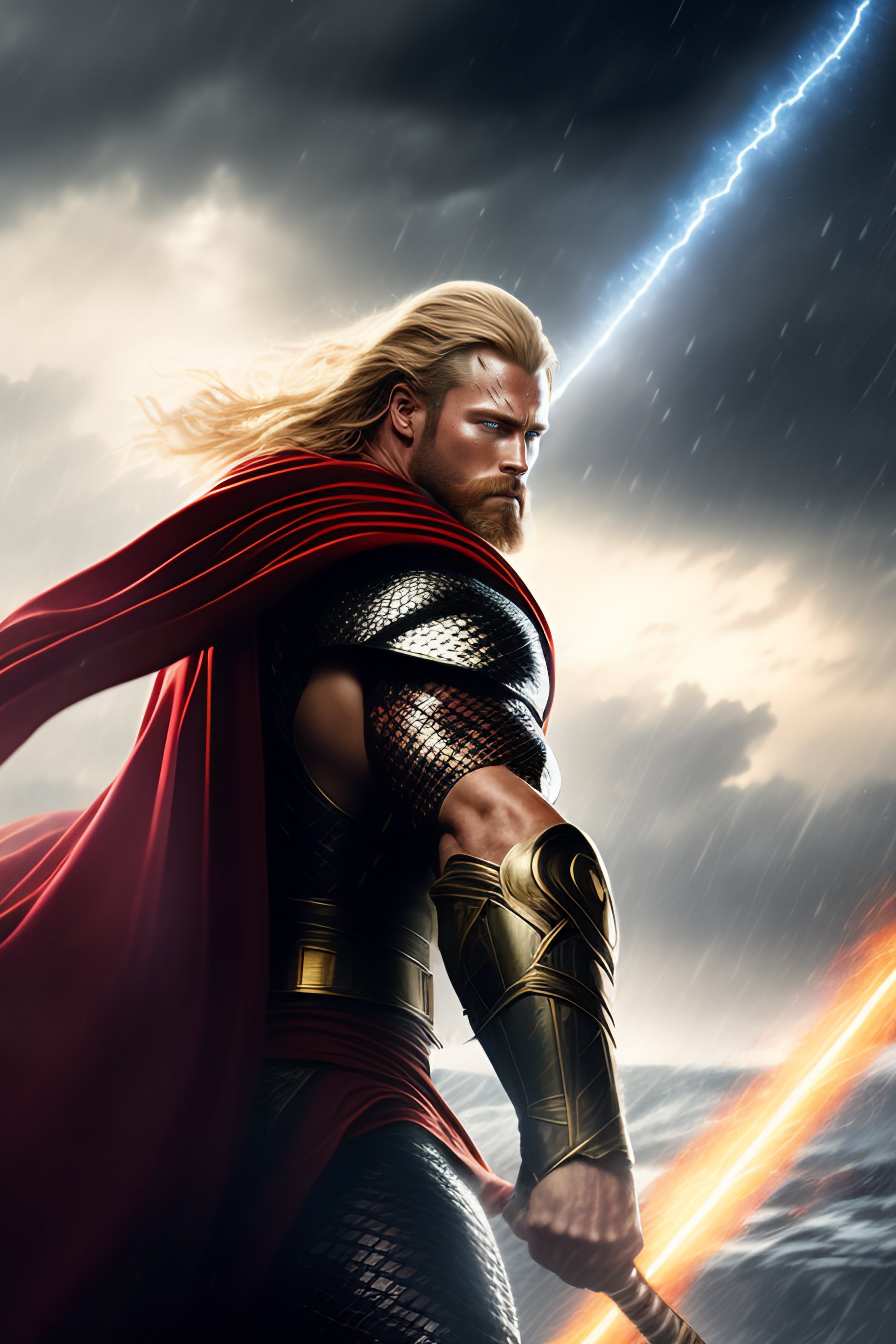 Lexica - Thor battling Odin in Asgard, thunder and heavy rain in background