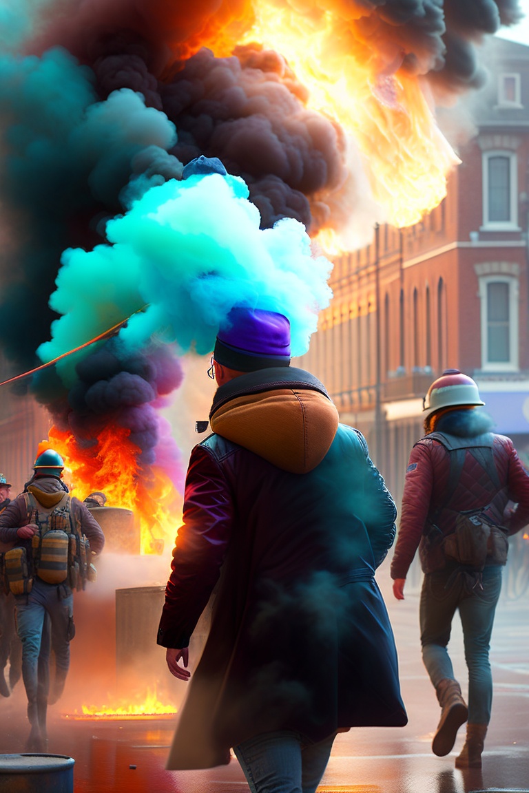 Lexica - Escaping crowd, ultrarealistic, smoke, bricks everiwhere, fire ...