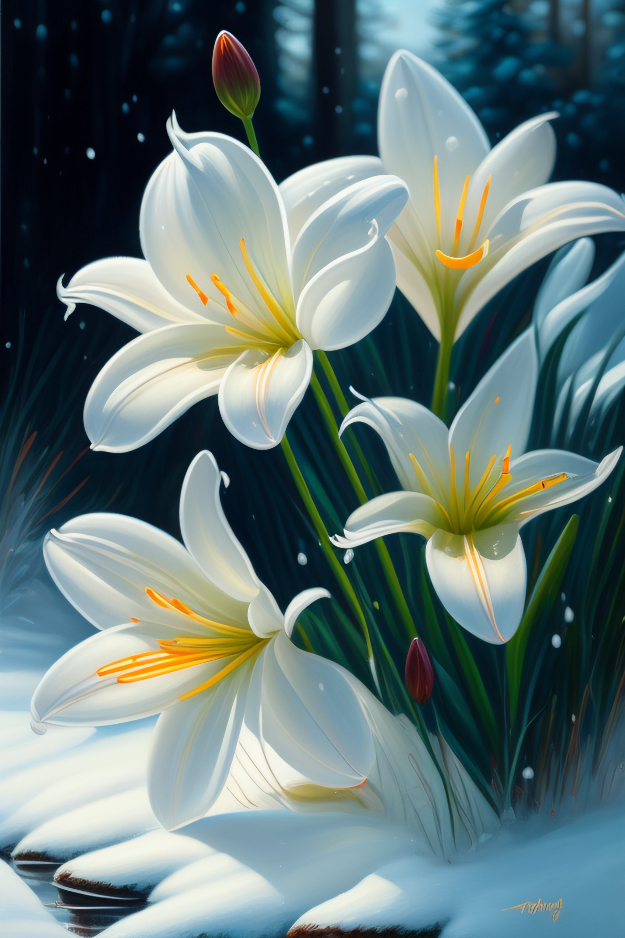 Lexica - Portrait, oil painting, spring drip, white lilies in the snow ...