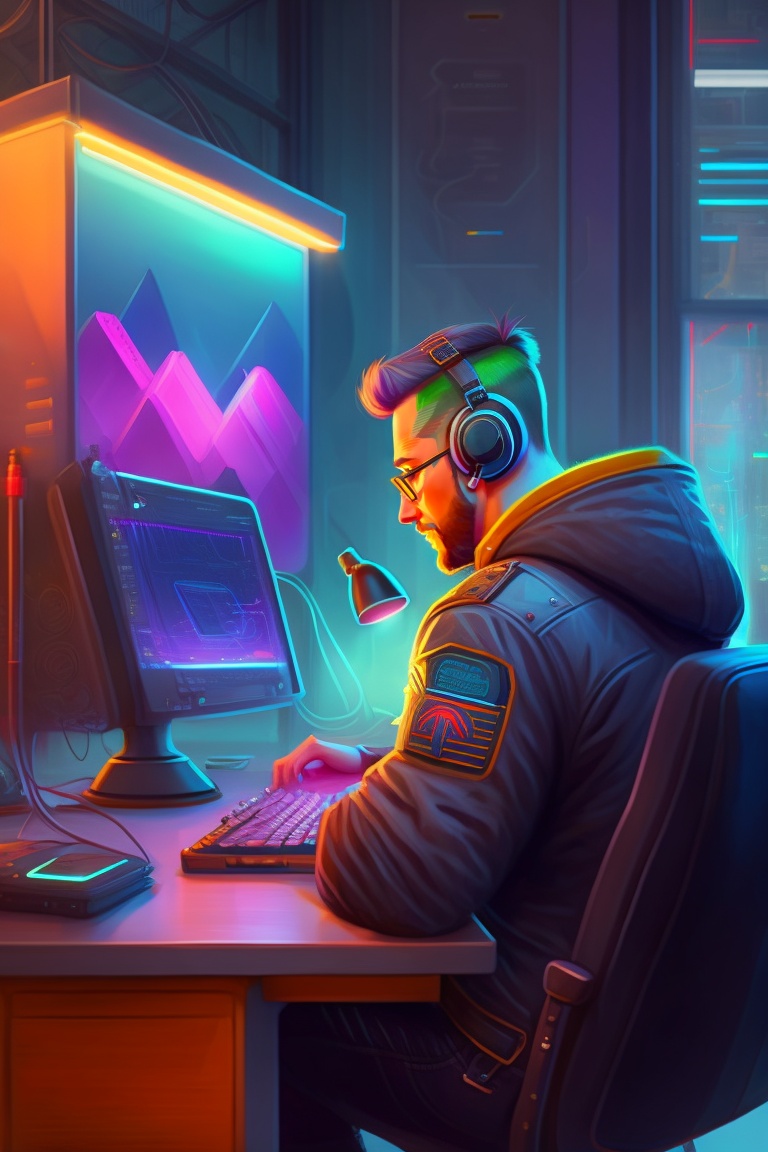 Lexica - A vibrant artstation illustration of a tech savy man typing ...
