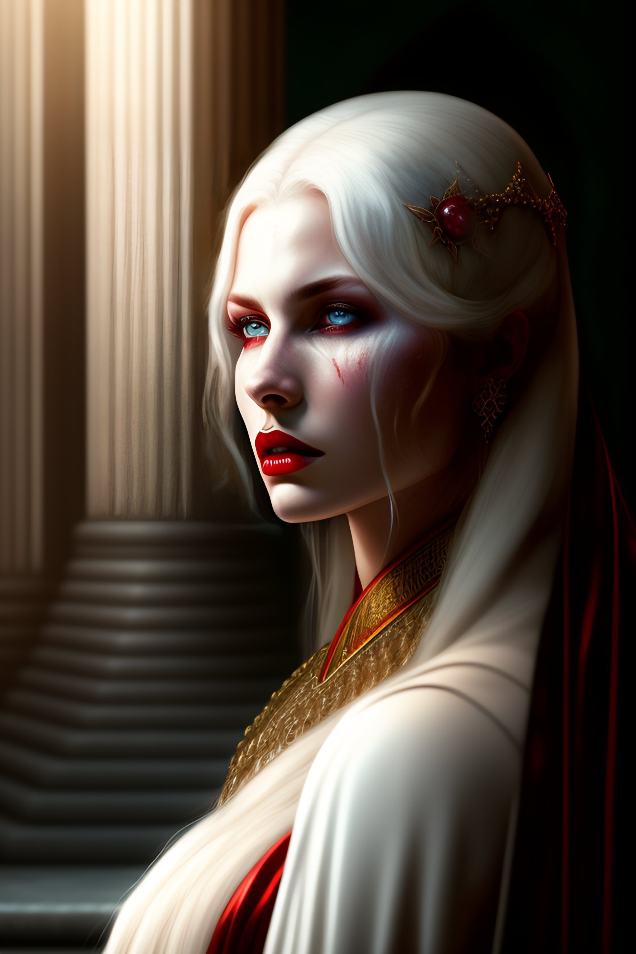 Lexica - Sad looking albino vampire female in a temple sitting on ...