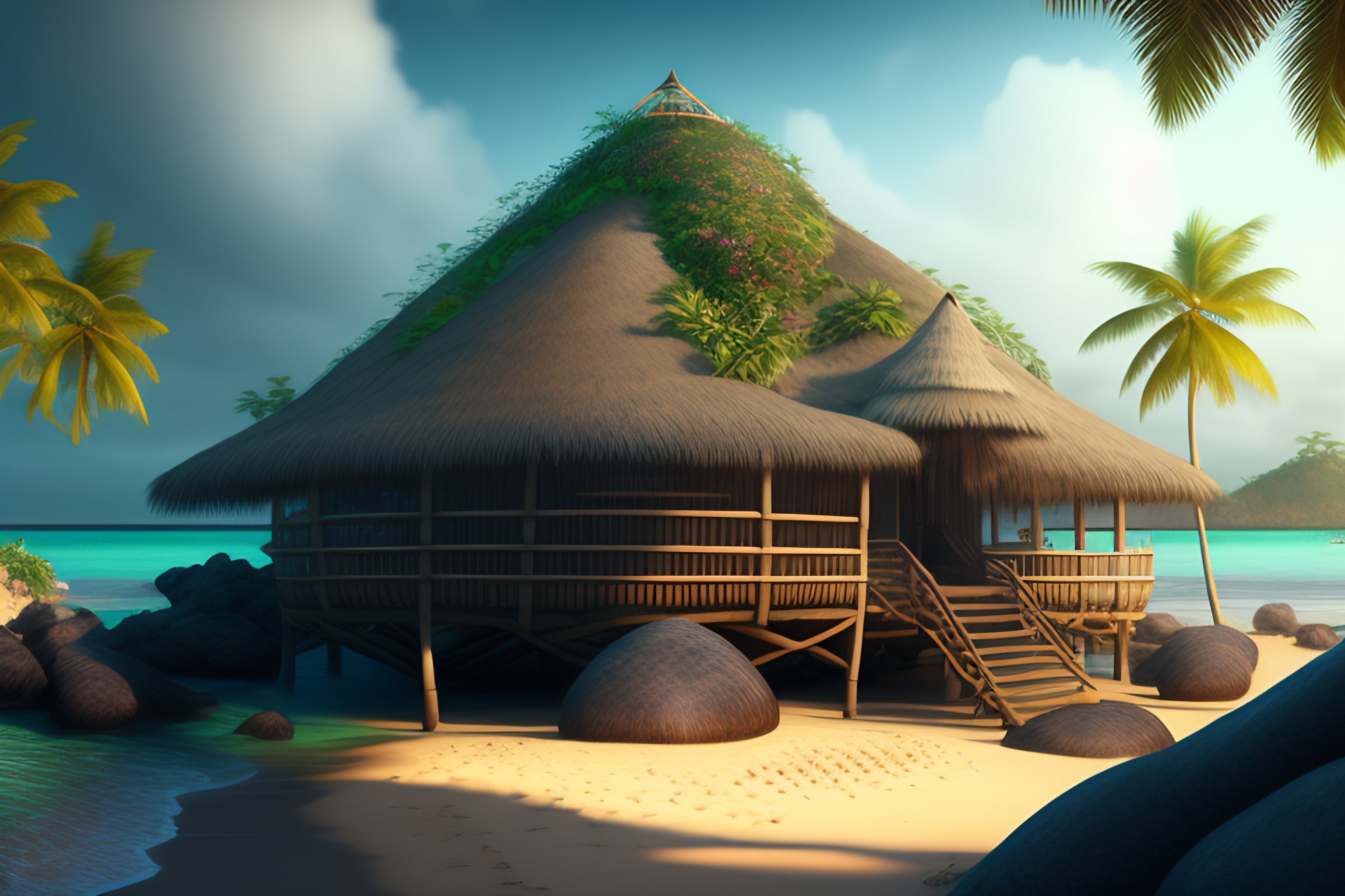 Lexica - Giant hut bamboo on tropical island beach yucca giant shells ...