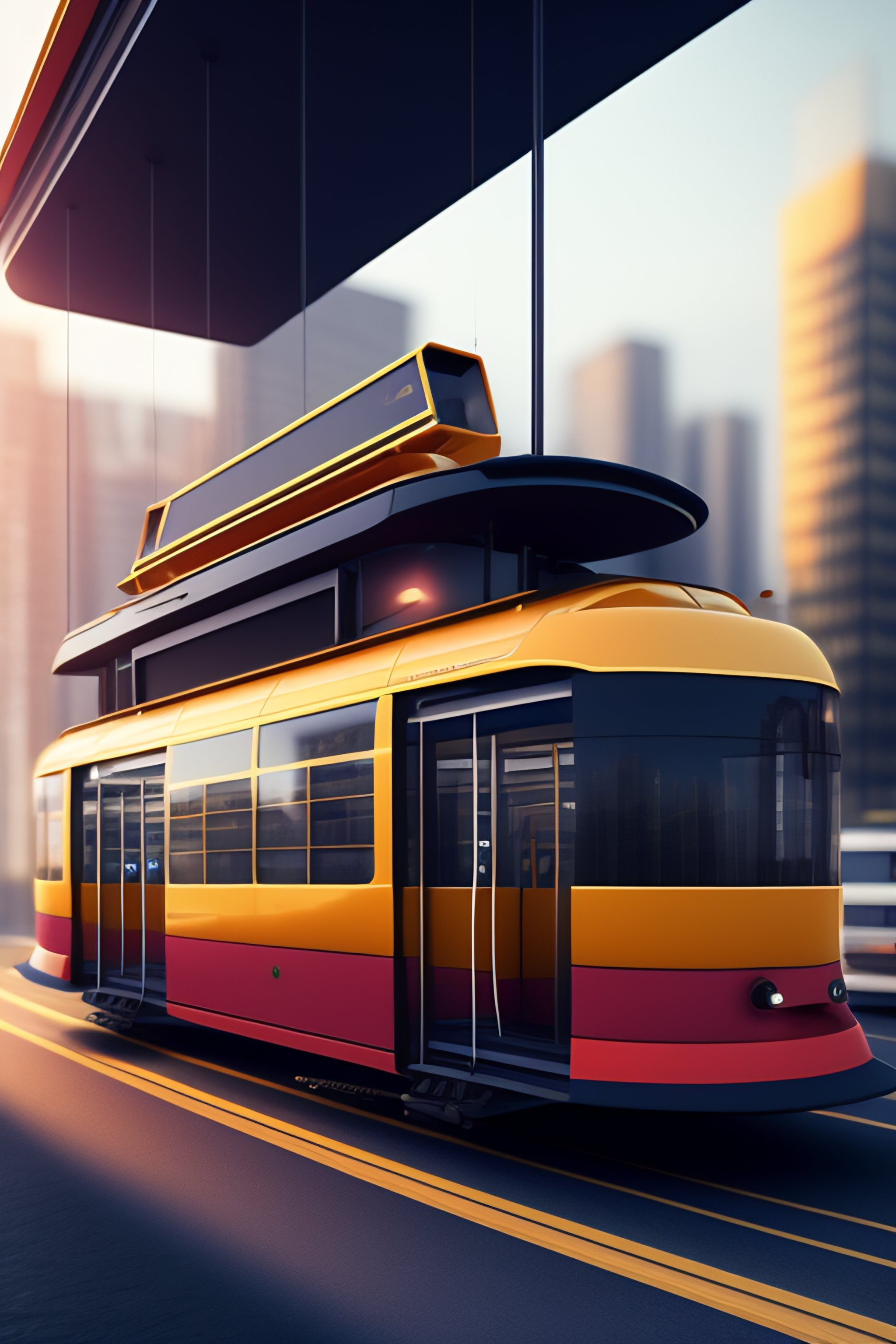 Lexica - Modern cable car hanging above a bus in a city, 4K, octane render