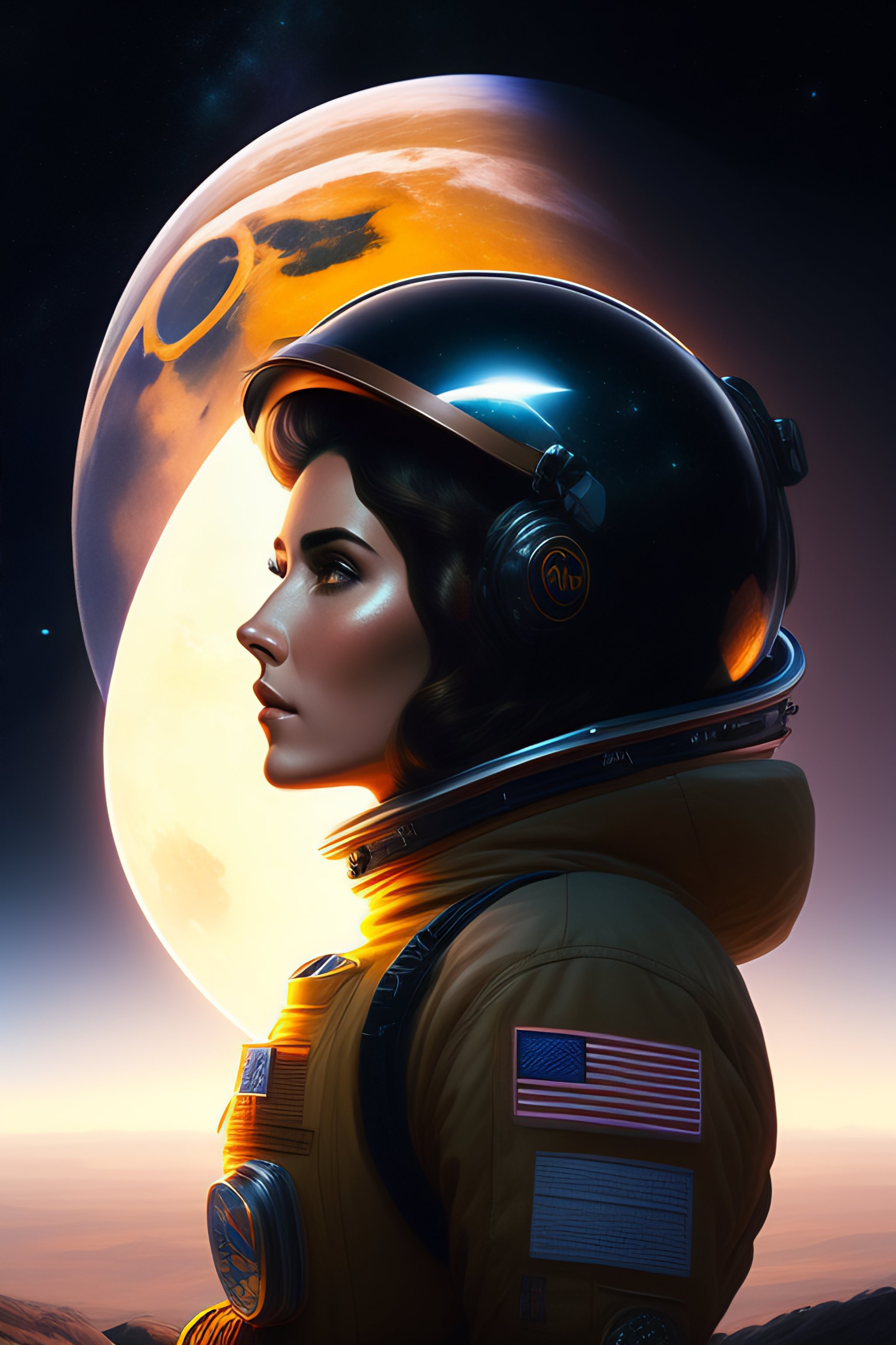 Lexica - Portrait of an astronaut brown hair on moon looking at earth ...
