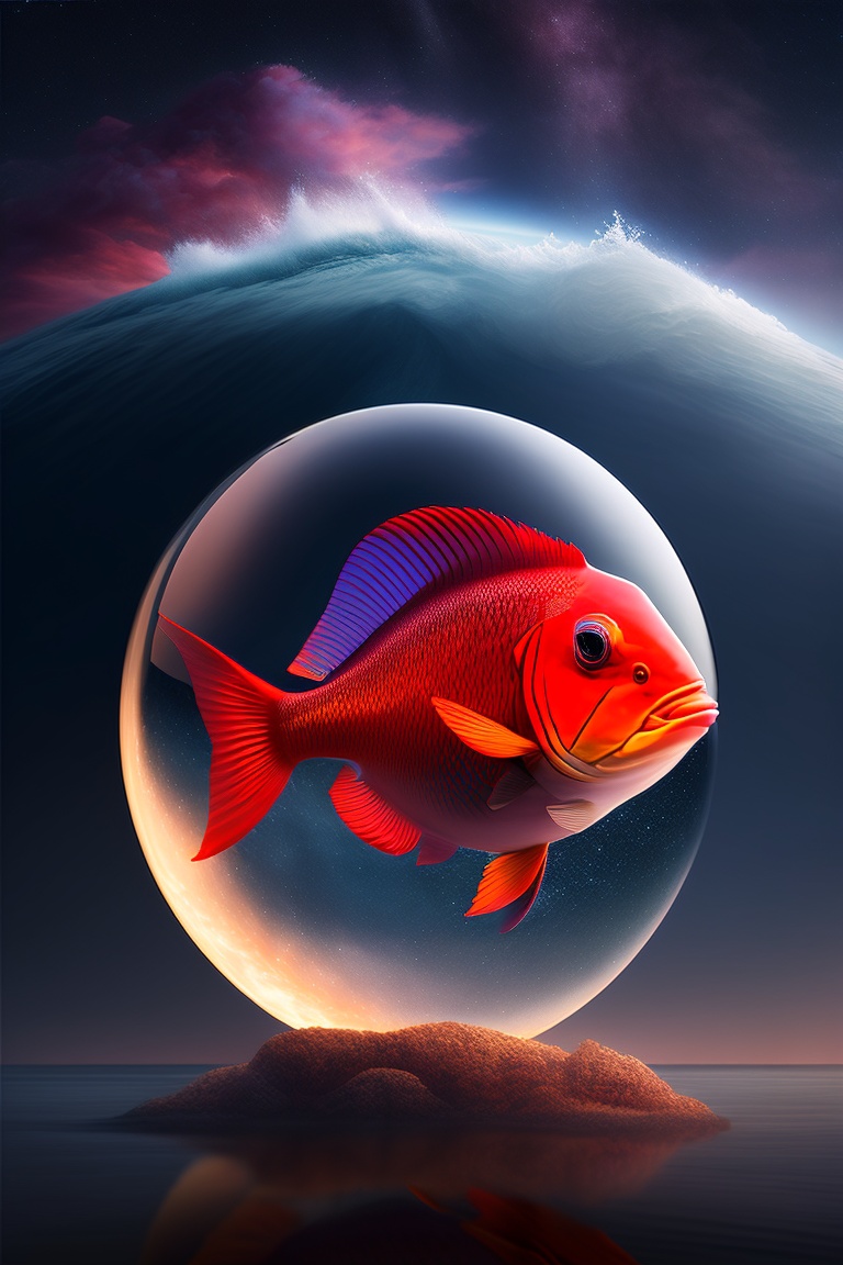 Lexica - Red fish, globe, wave, dark sky