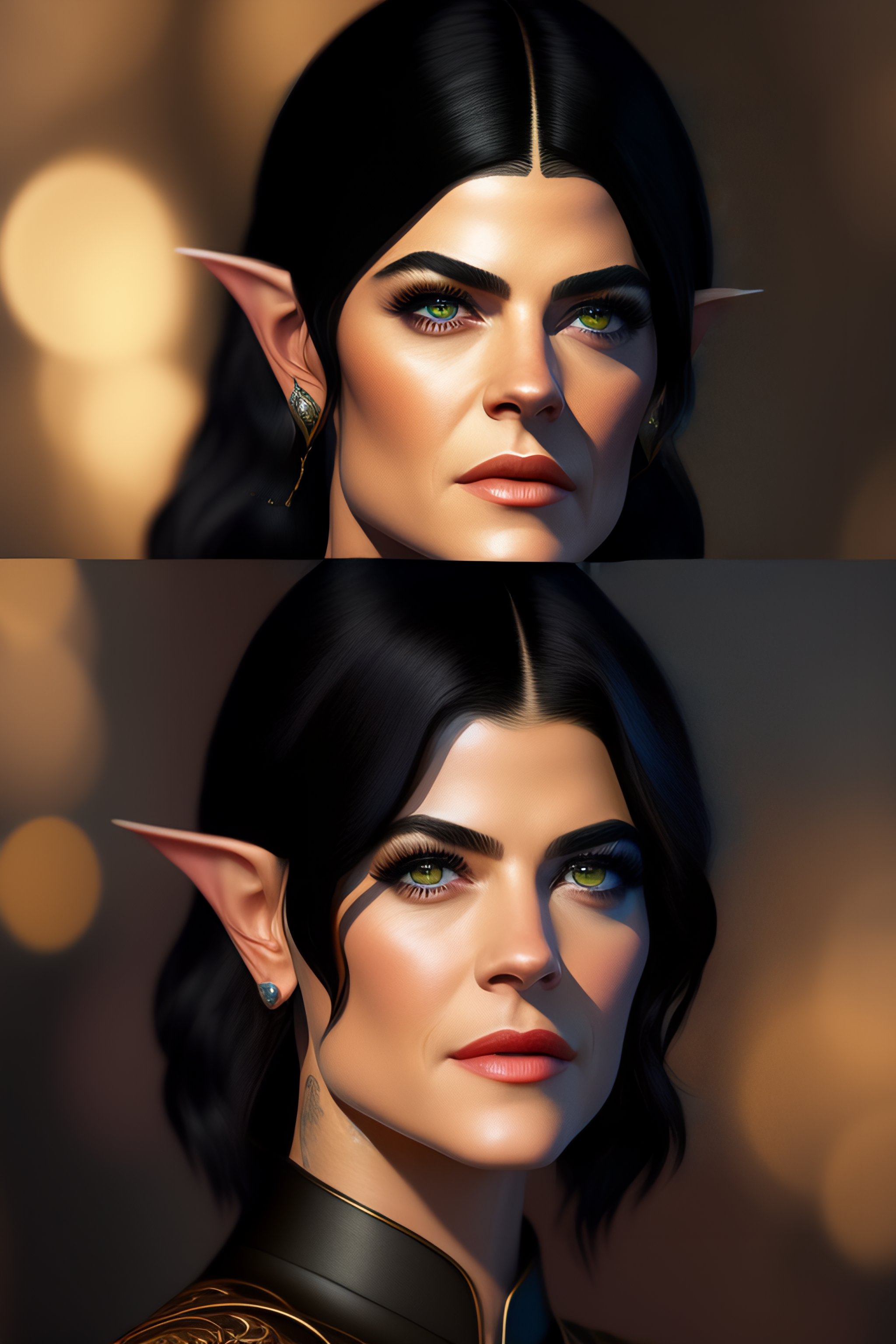 Lexica - Photo of Selma Blair as an elf woman with short black hair and ...