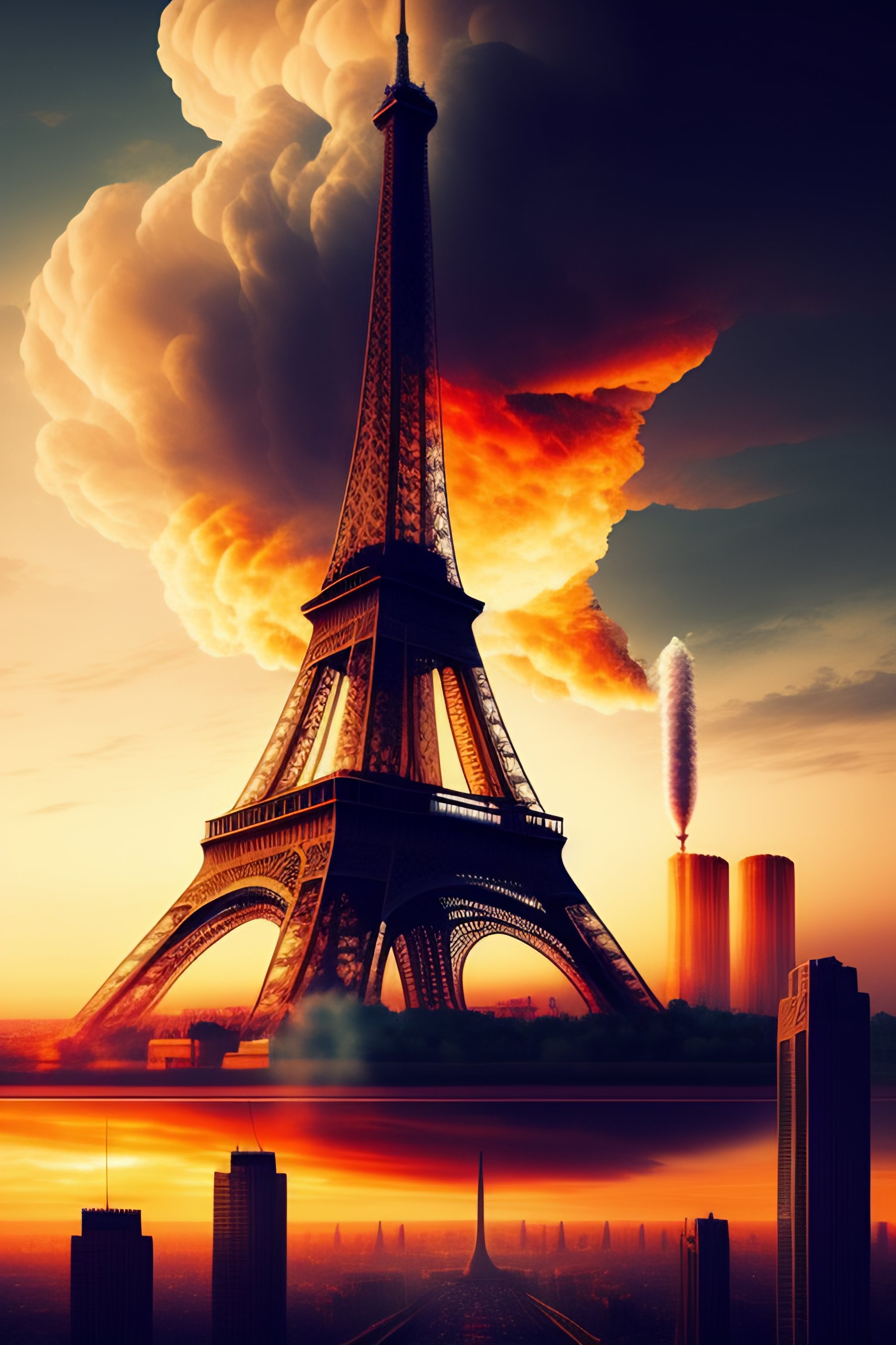 Lexica - The eiffel tower is exploding up in the sky, a matte painting by Vincent Lefevre ...