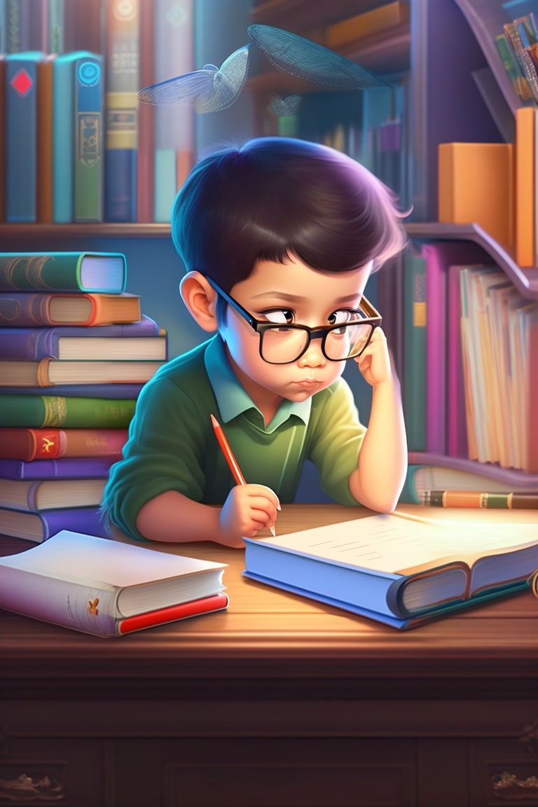 Lexica - In a whimsical cartoon world, A modern child sits at a study ...