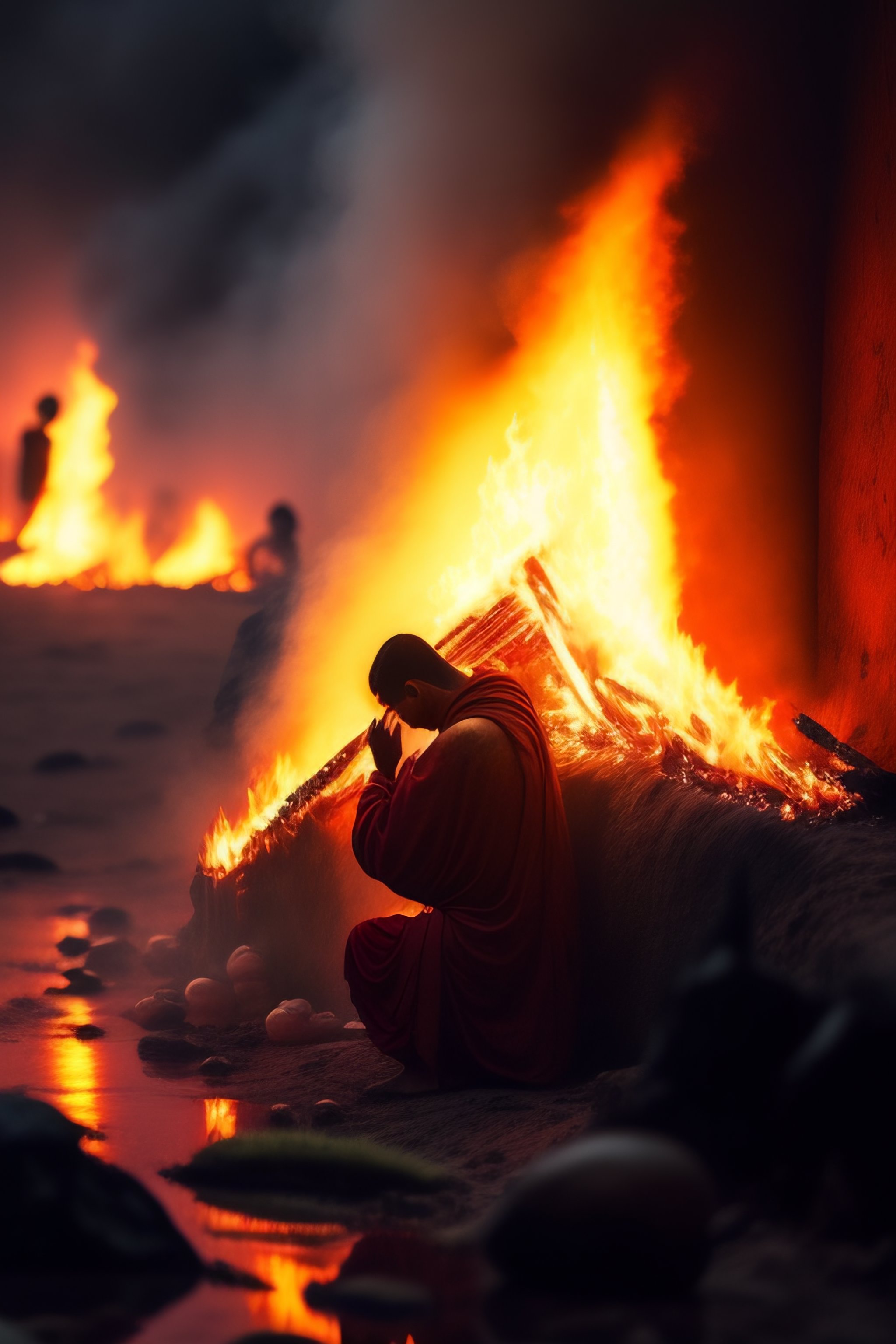 Lexica - People burned in fires crying to be saved by Buddha in hell.