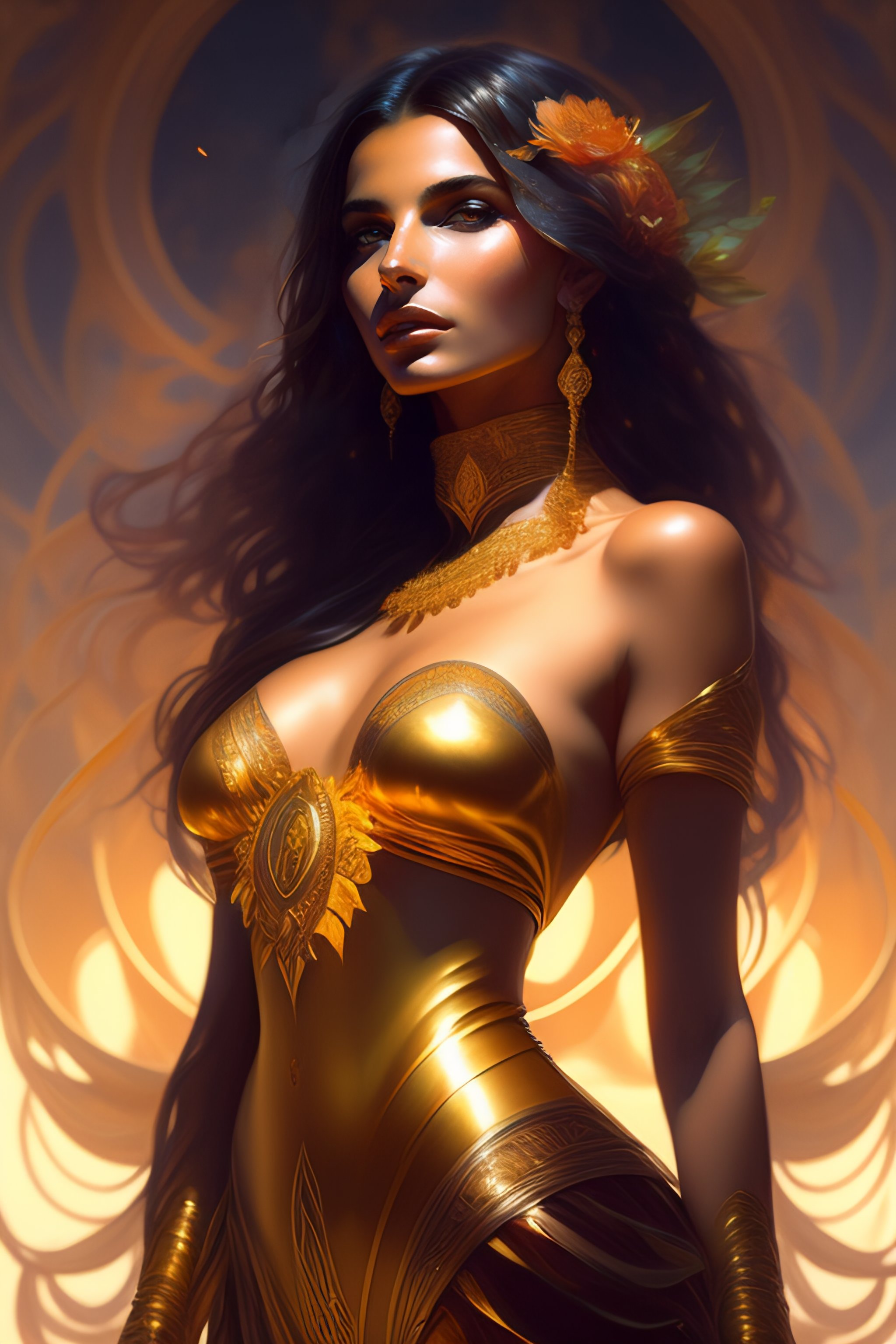 Lexica - A beautiful cinematic female sand goddess, emily ratajkowski, golden and black dress ...