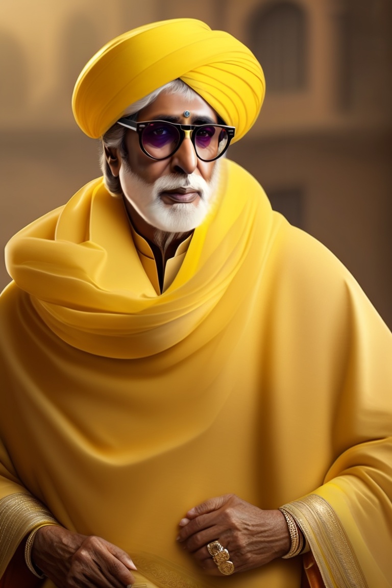 Lexica - Amitabh Bachchan , Arabic yellow clothes, ultra shine clothes