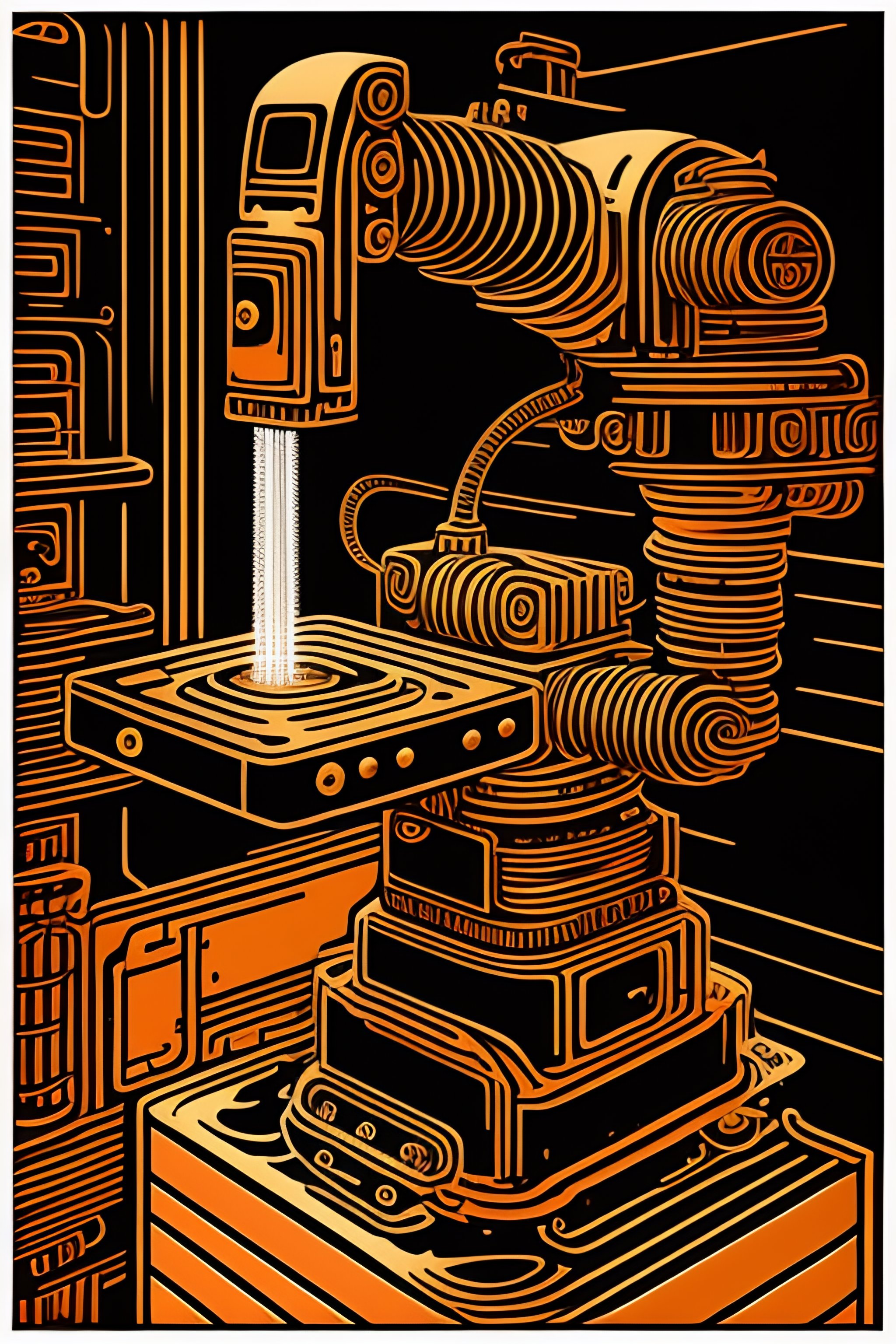 Lexica - A robot manufacturing arm in the style of a woodblock print