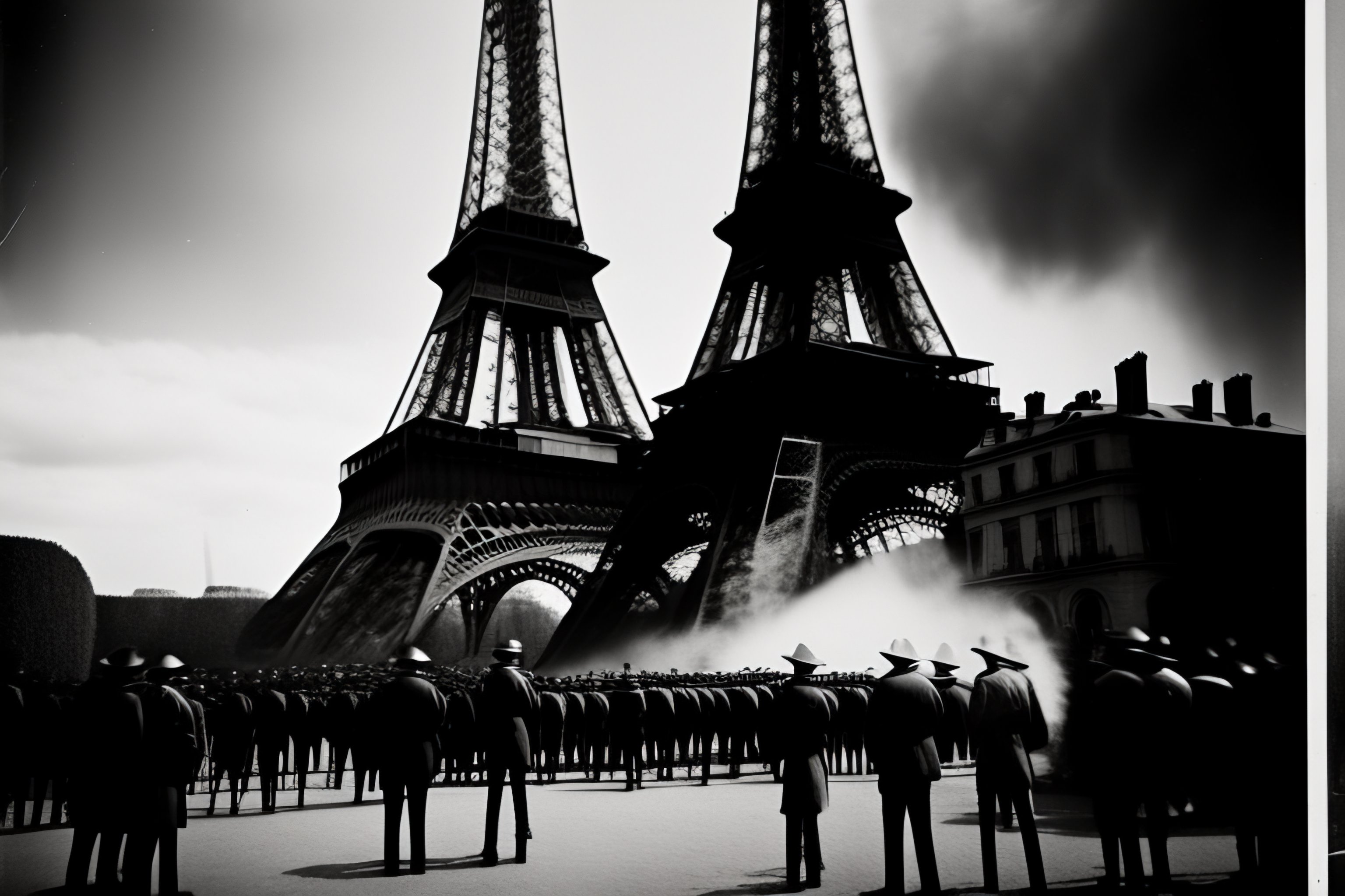Lexica - Old black and white photo of the Eiffel tower being set on ...