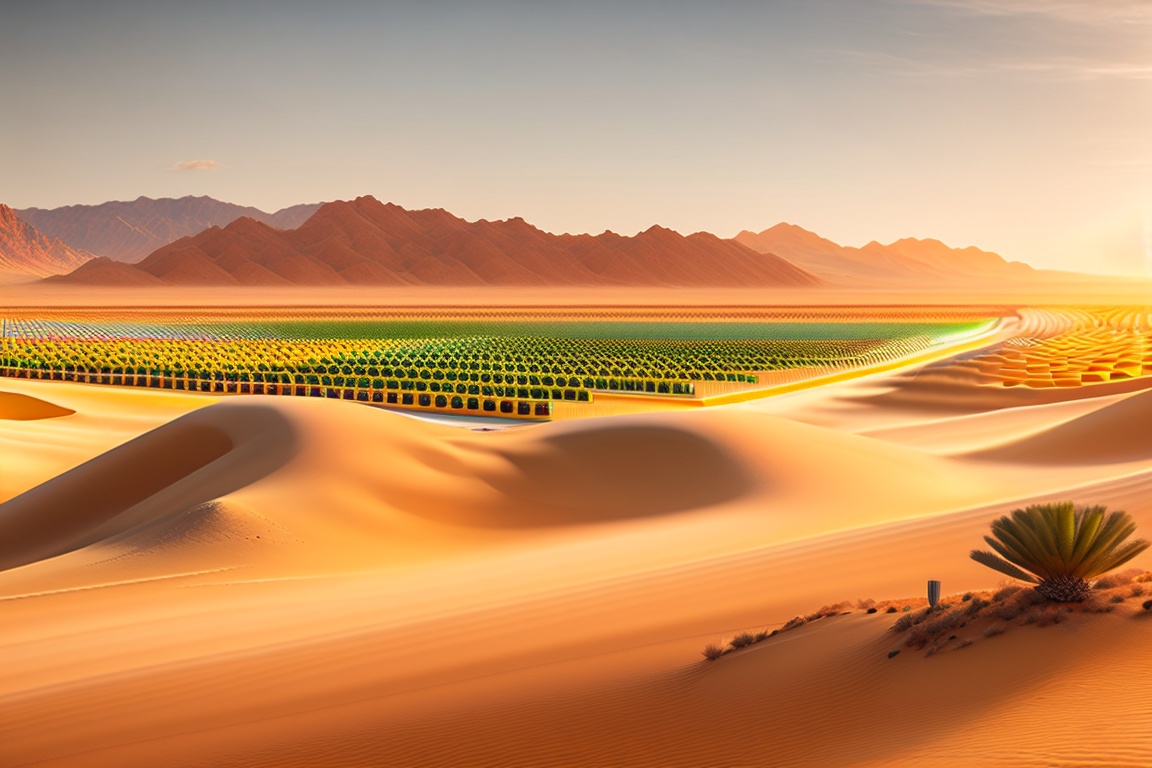 Lexica - Desert farming communities close up with future drons technic ...