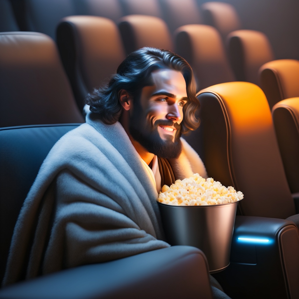 Lexica - Jesus, in a robe, front row in an empty dark movie theater ...