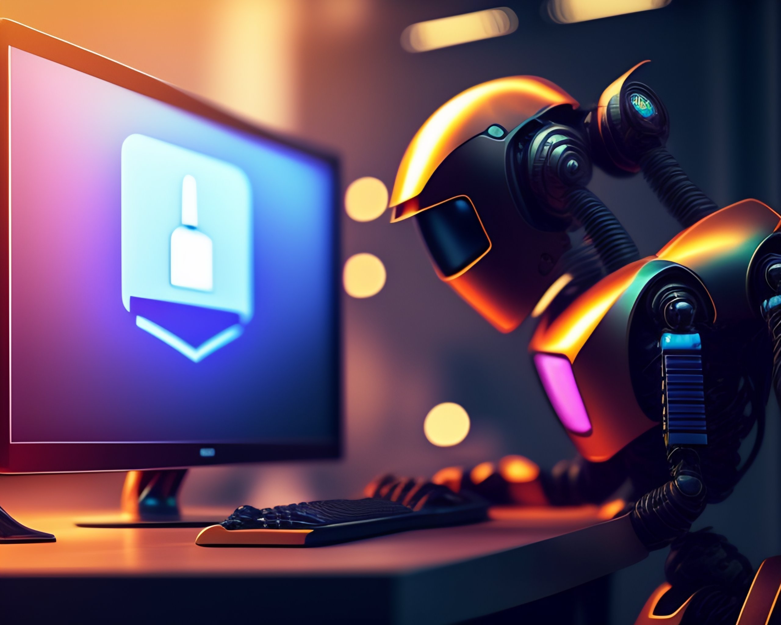 Lexica - A robot helping a hacker. Both working together at the computer.