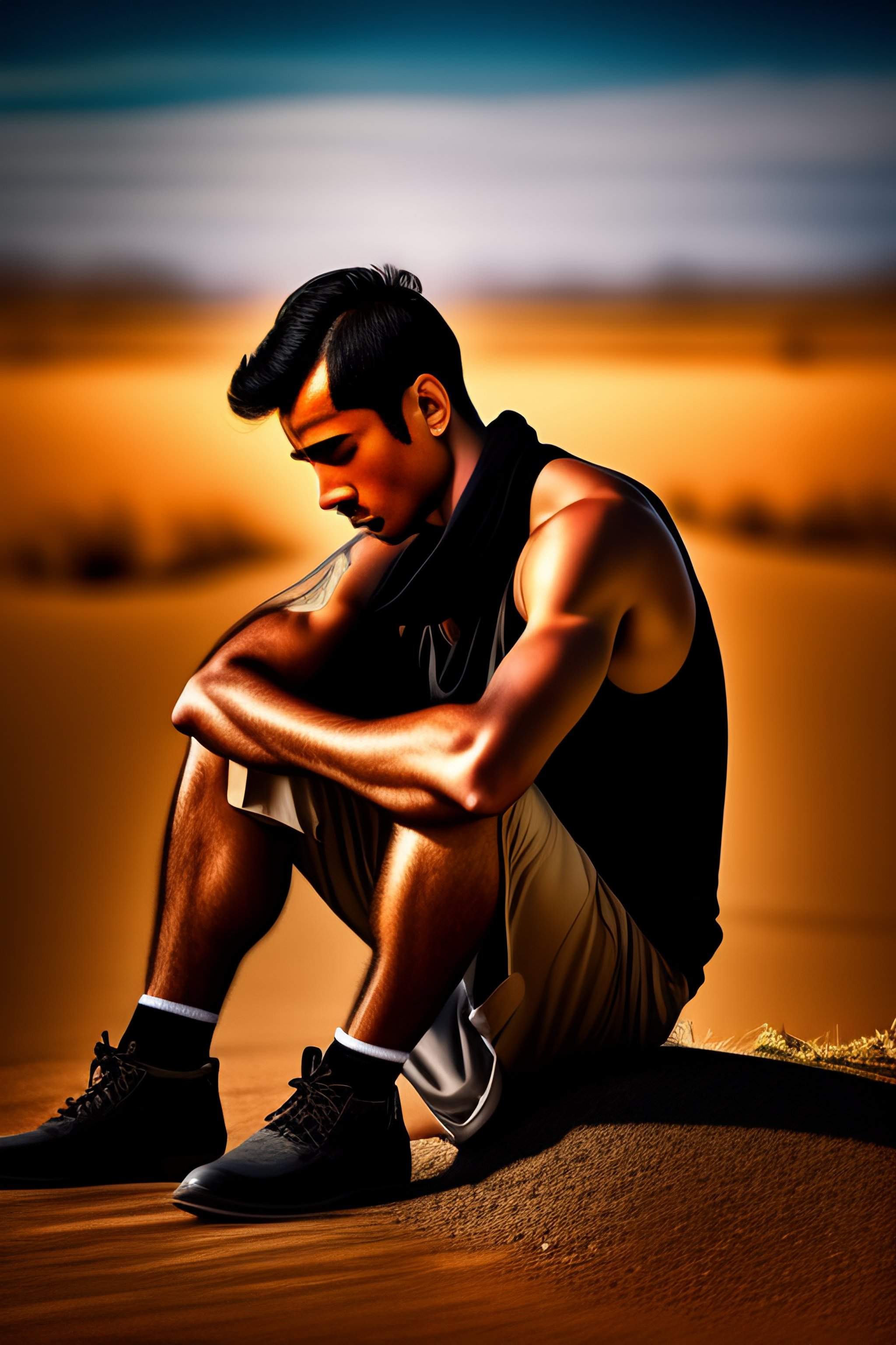 Lexica - Lonely man crouched and chained, dramatic angle