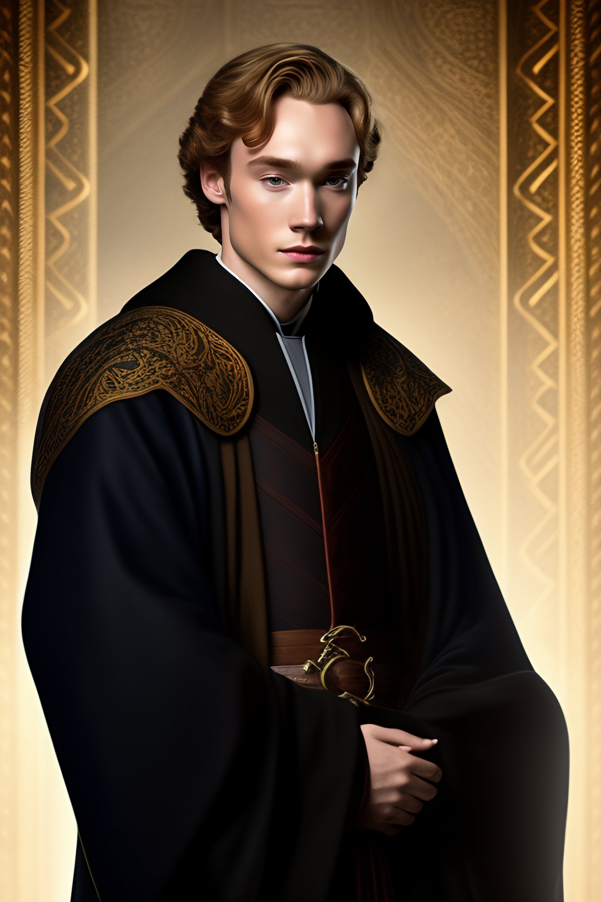 Lexica - Toby Regbo as wizard in black robe medieval style, detailed