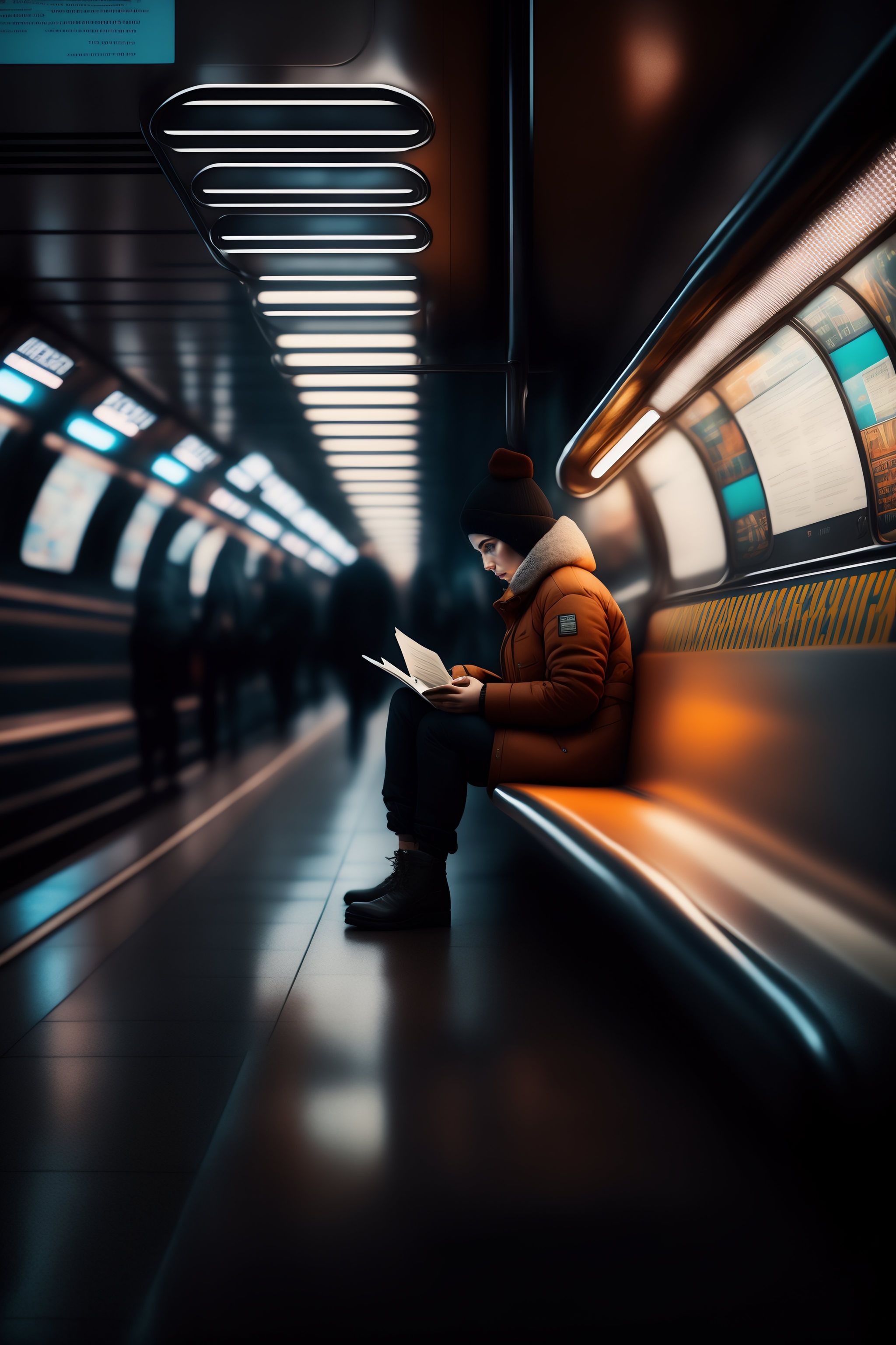 Lexica - Full body portrait of a person reading in the subway, ultra ...