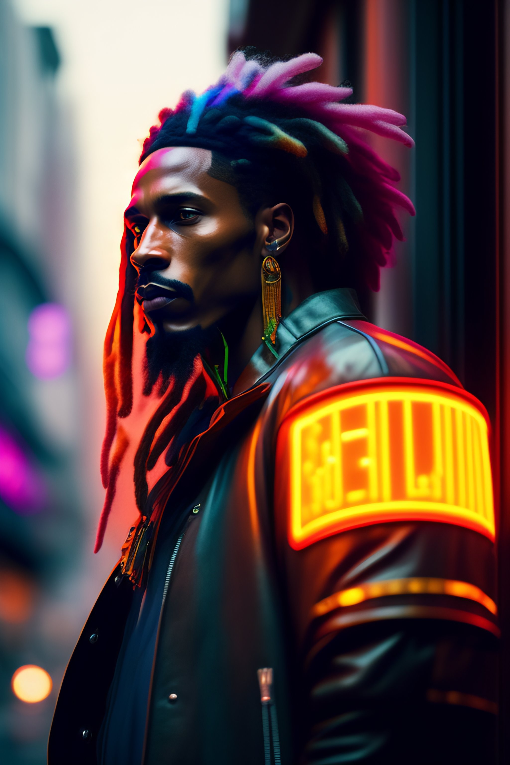 Lexica - Slow shutter speed photo of a cyberpunk bob marley with neon ...