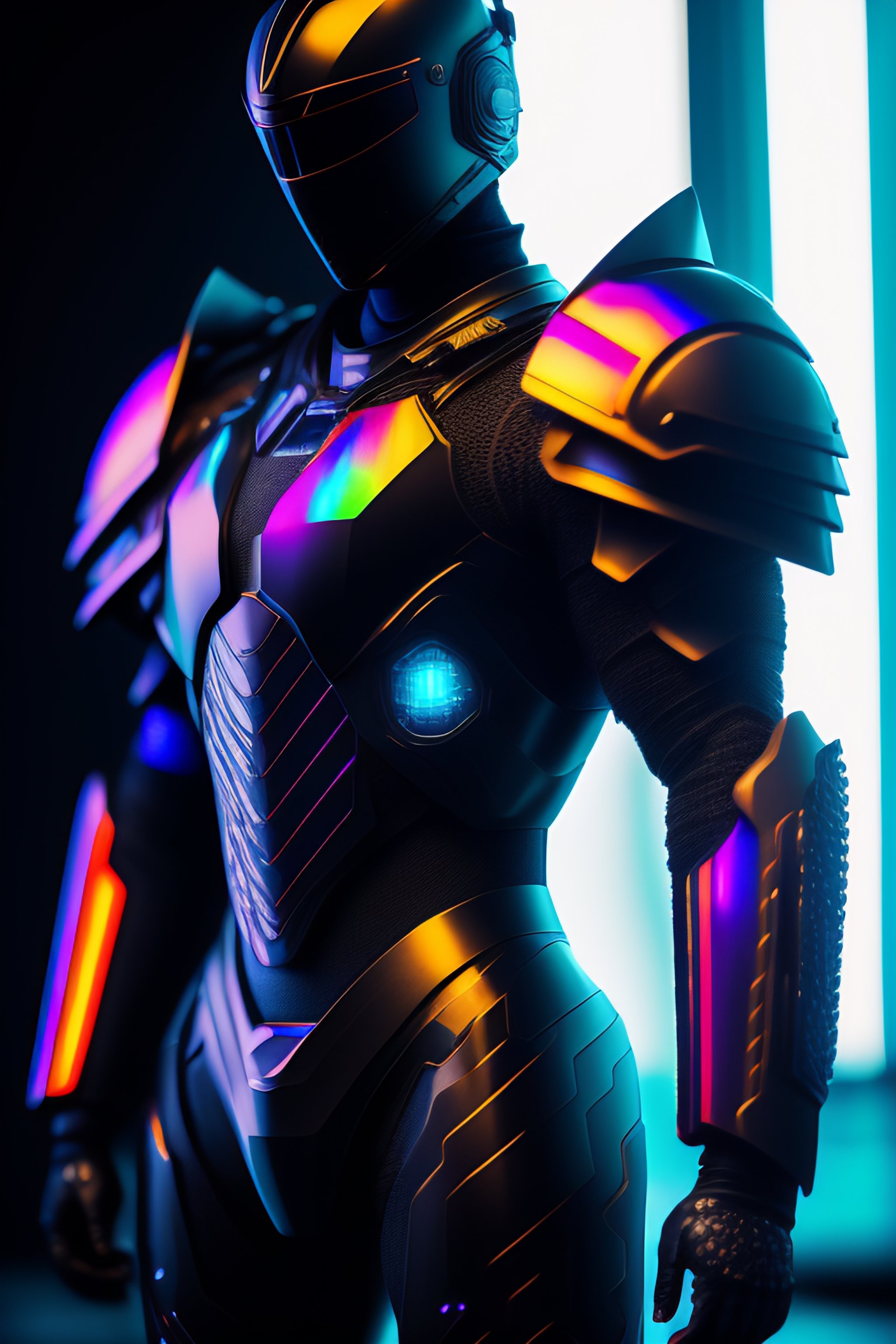 Lexica - A photograph of a cyberpunk armour made of black titanium and ...