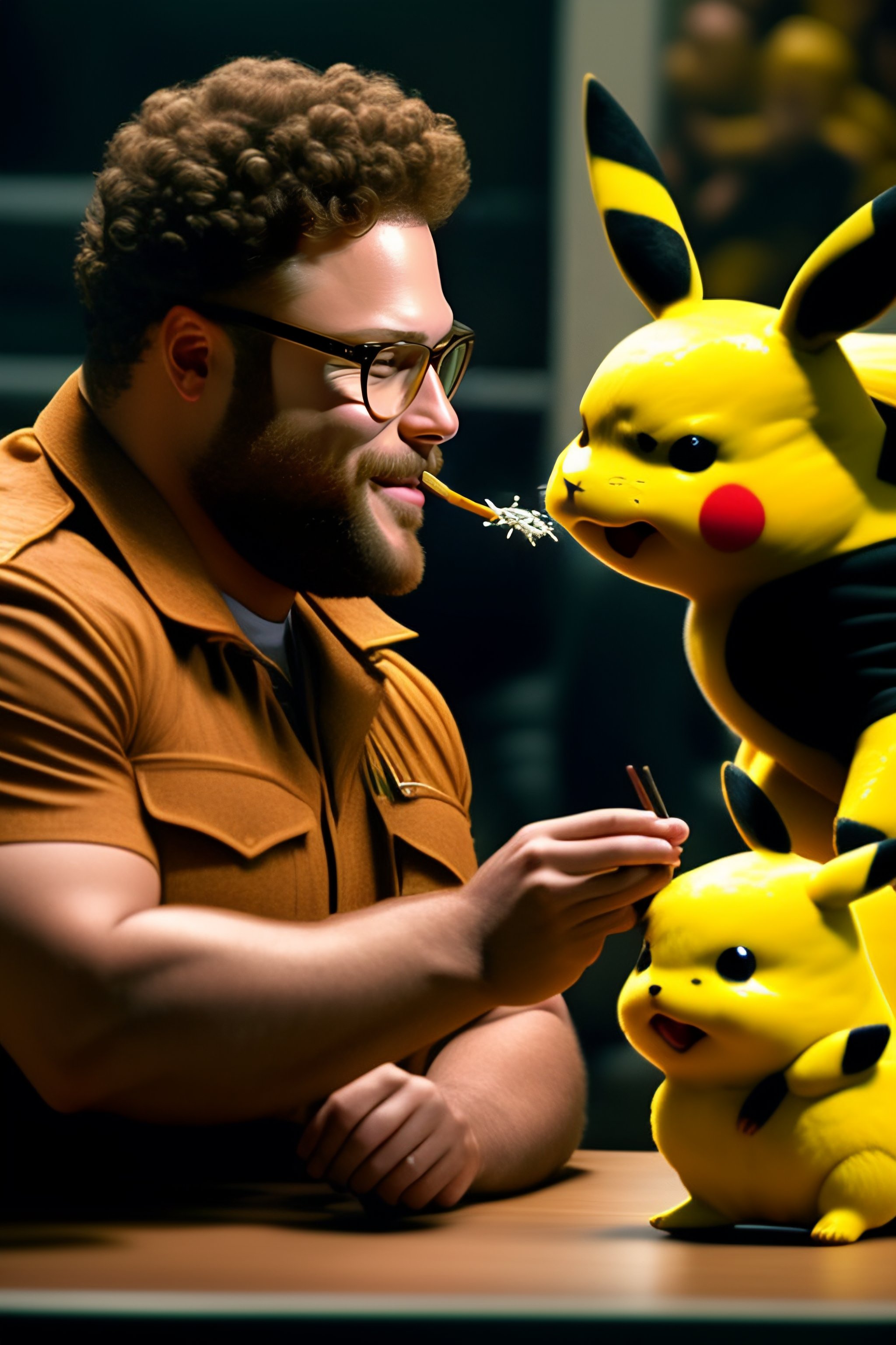 Lexica - Seth rogen sharing a marijuana cigarette with pikachu