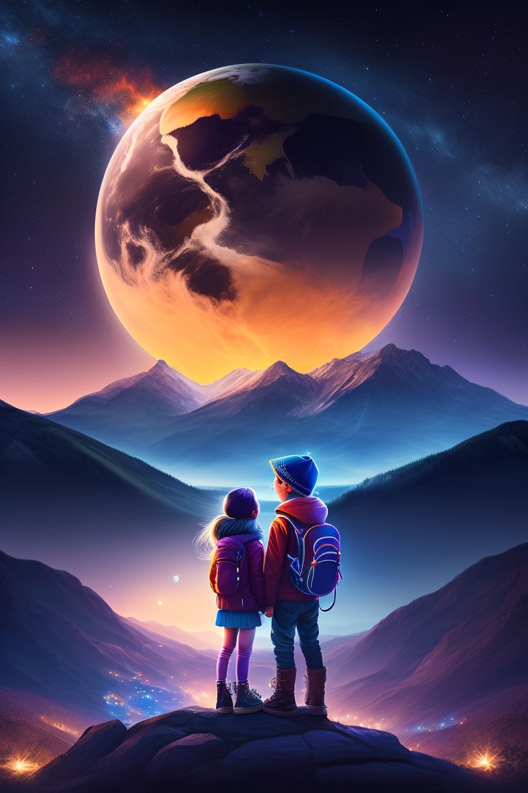 Lexica - A Girl with boy in a night fire , star night and mountains
