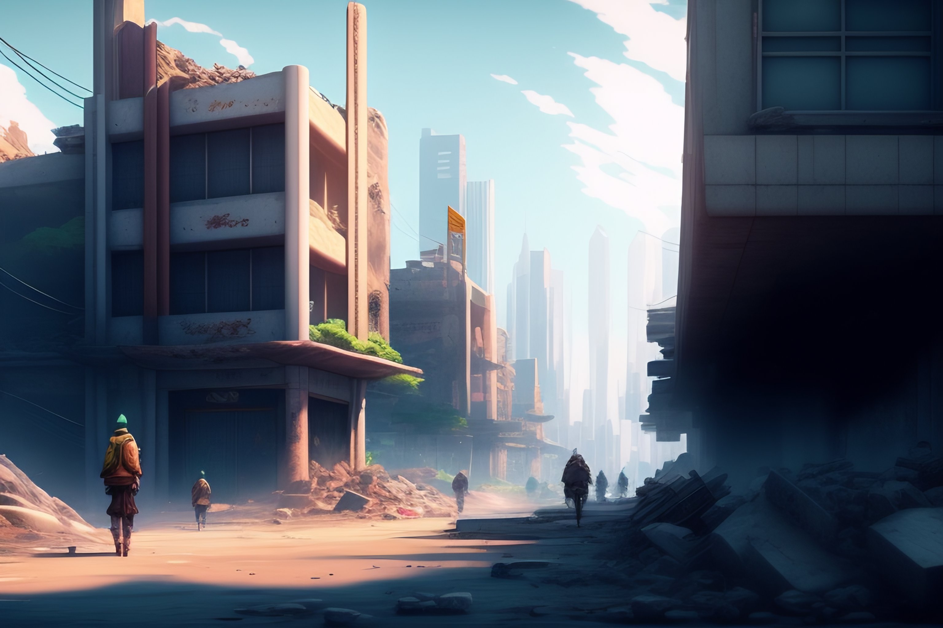 Lexica - A city with broken and damaged buildings with concrete rubble ...