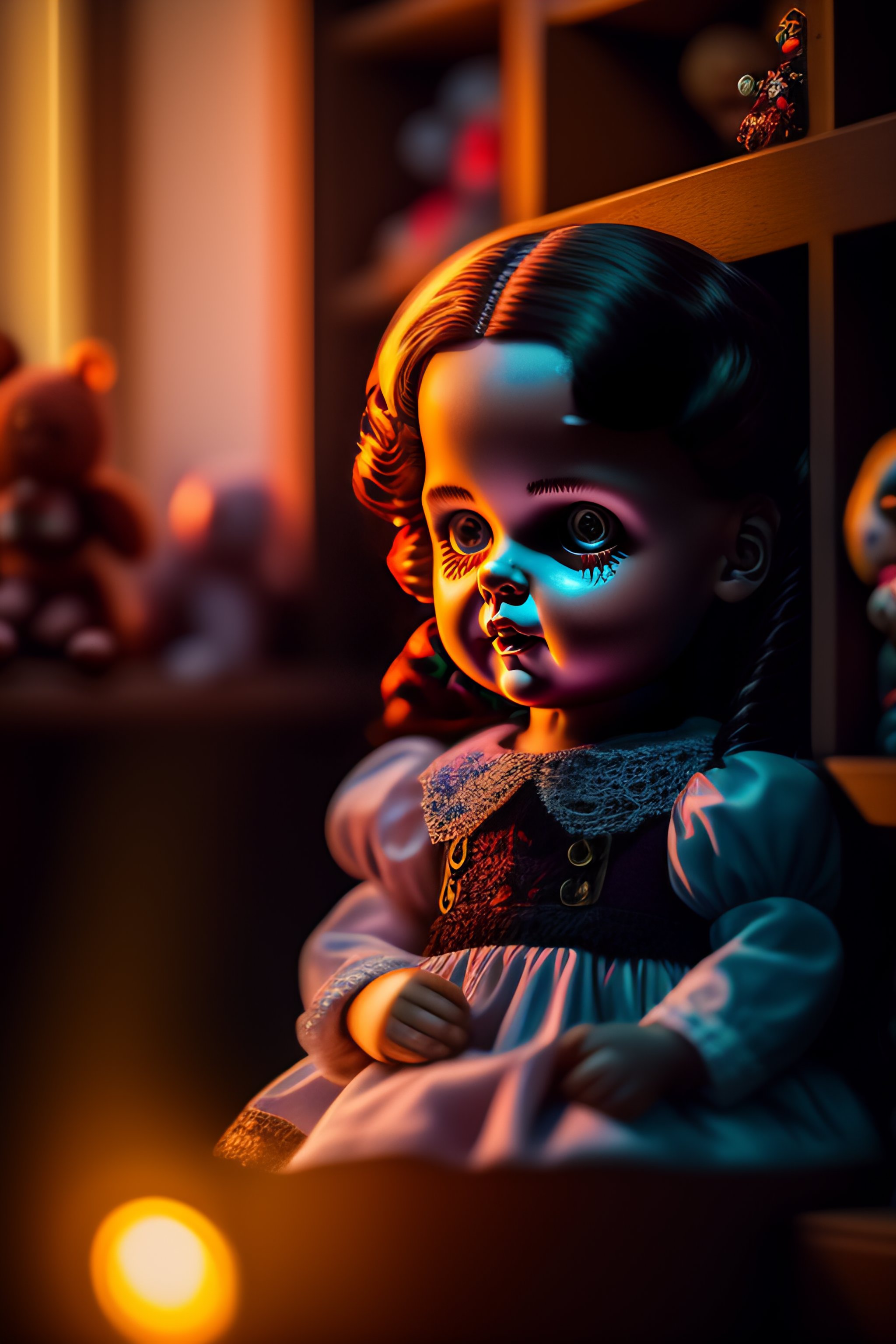 Lexica - A wide angle environmental shot of a possessed doll with an ...