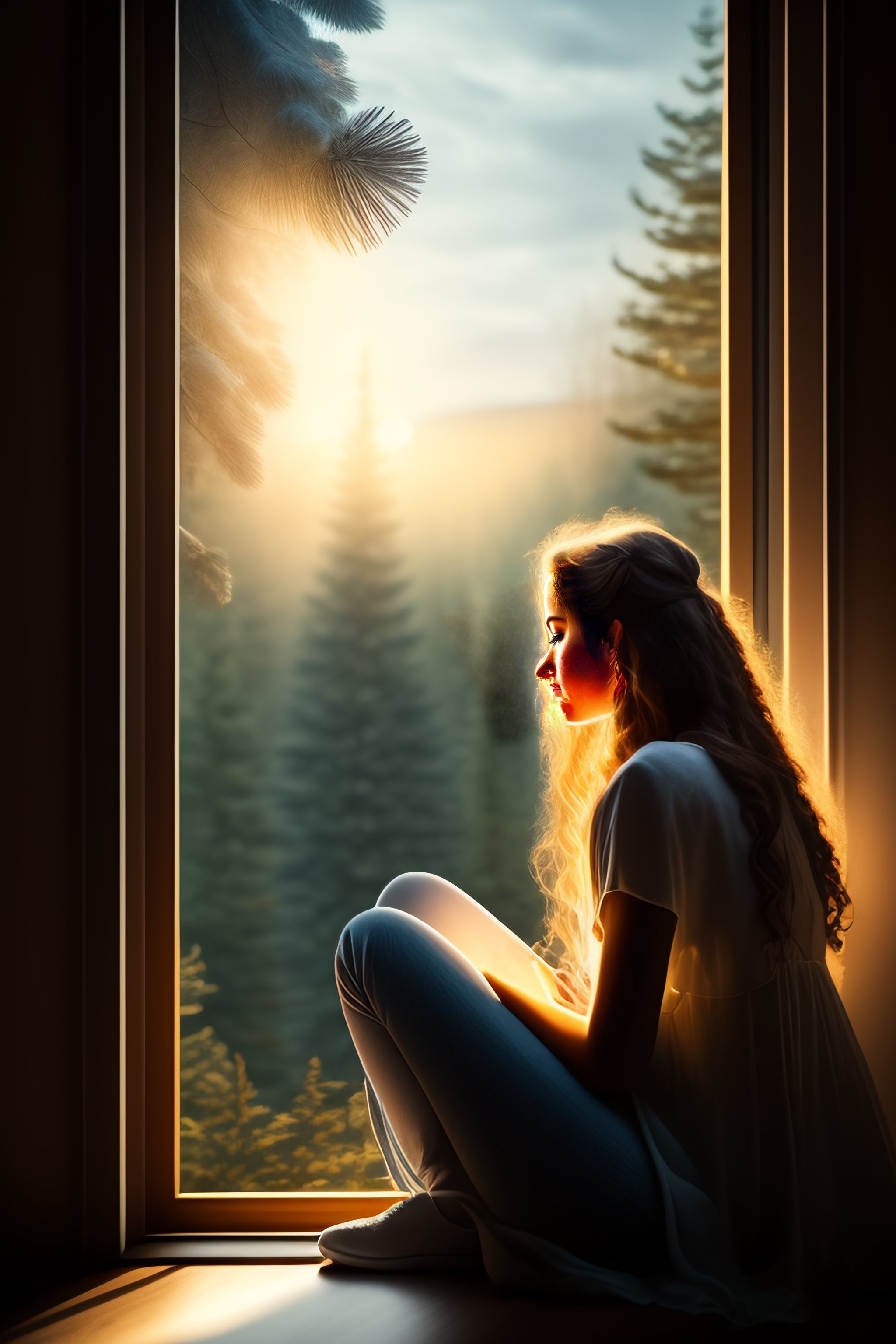 Lexica - A very beautiful girl sits by the window and pines for her husband, 8k